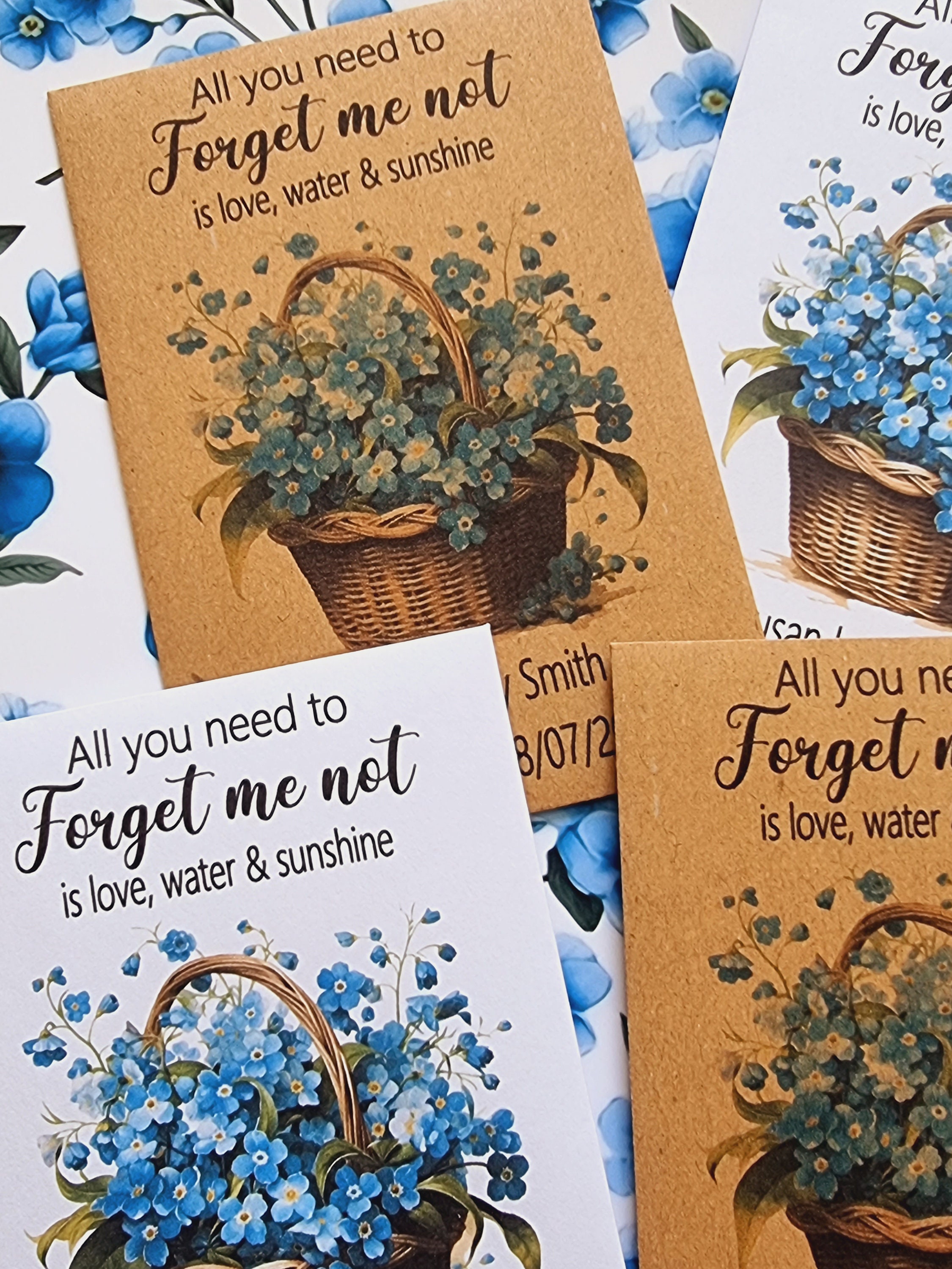 50 Personalised Forget Me Not Funeral Favours Flower Seed Packets ...