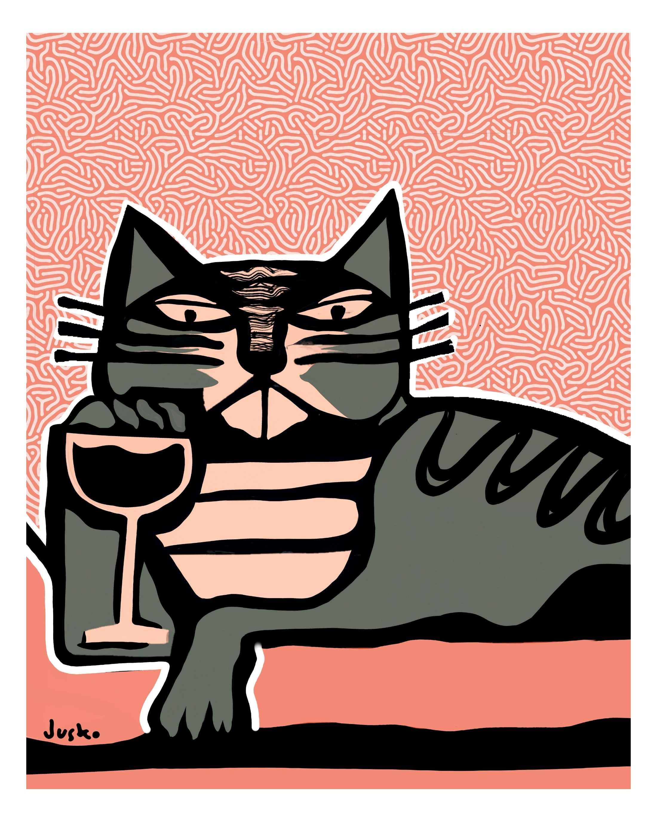 Quirky Midcentury Bartender Cat With Cocktail Art Print Southwestern ...