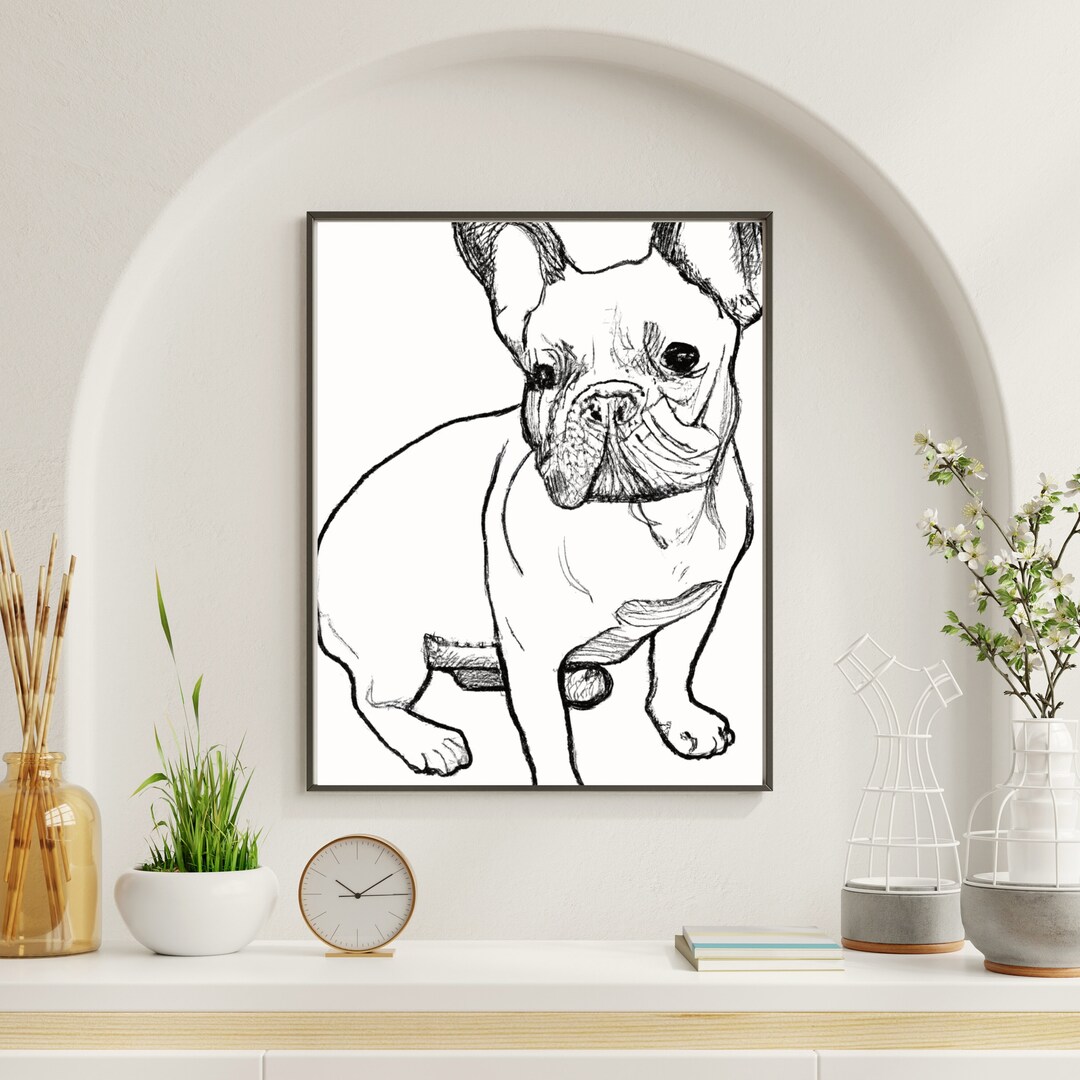 Modern French Bulldog Frenchie Print - Minimalist Line Art Black and ...
