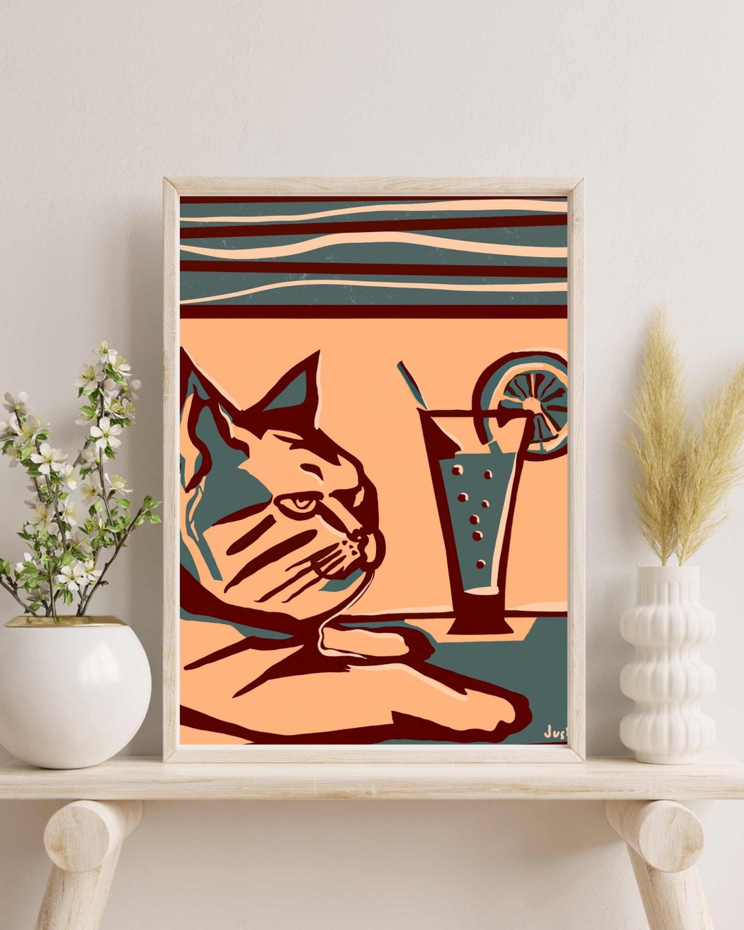 Quirky Midcentury Bartender Cat With Cocktail Art Print Southwestern ...