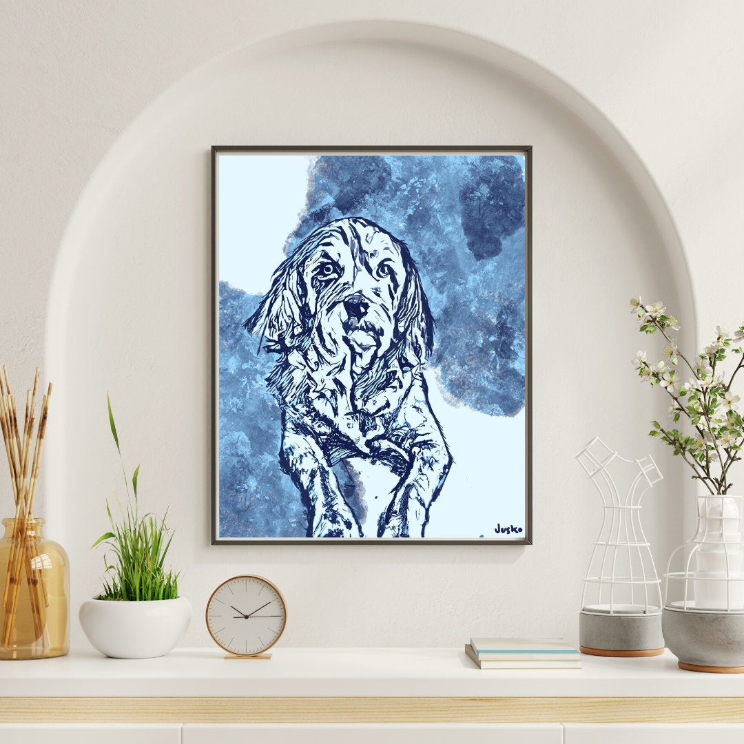 Blue Monochromatic Doodle Poodle Mix Print Minimalist Line - Etsy