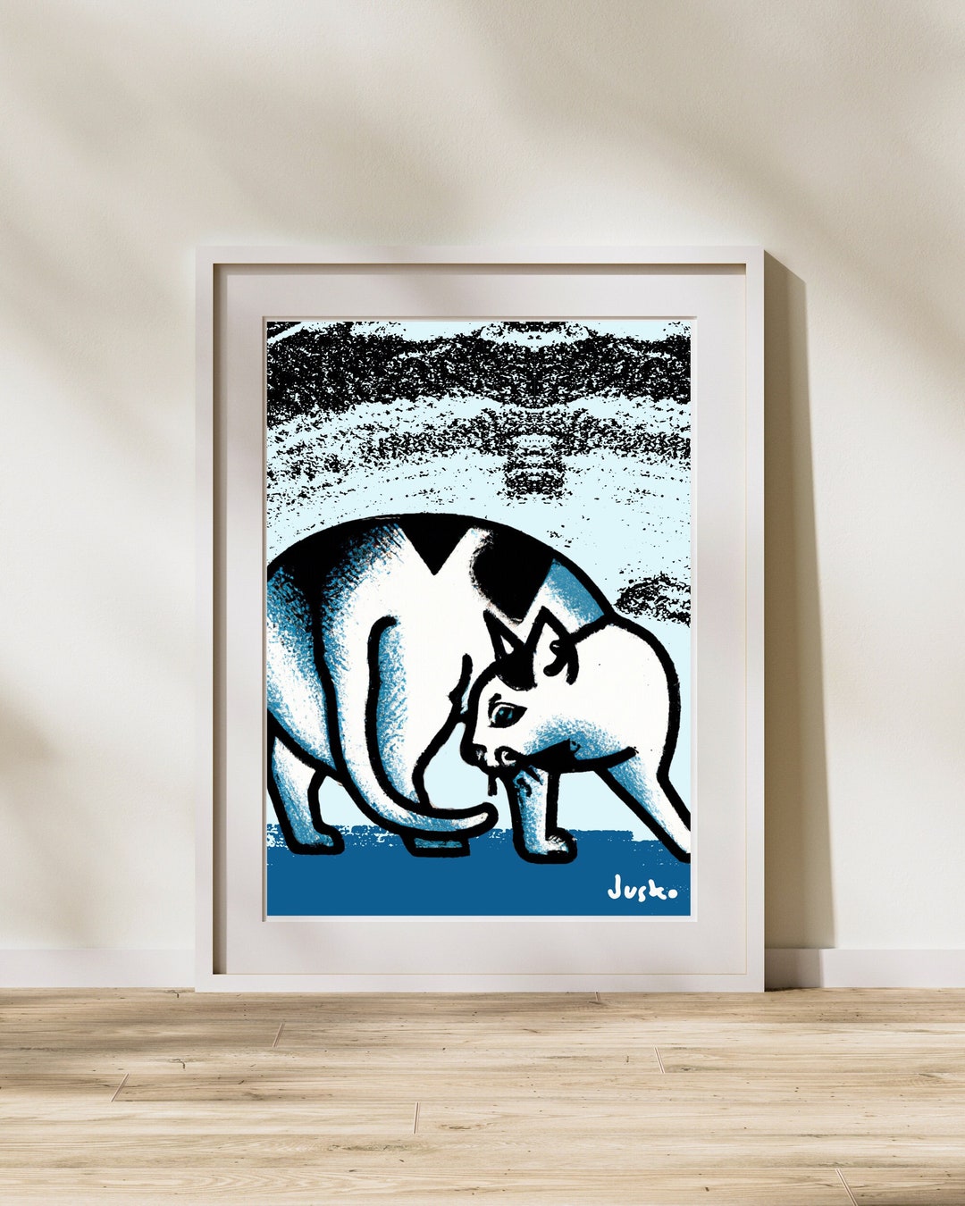 Trendy Abstract Black and White Cat Art Print | Southwestern Lino Block ...