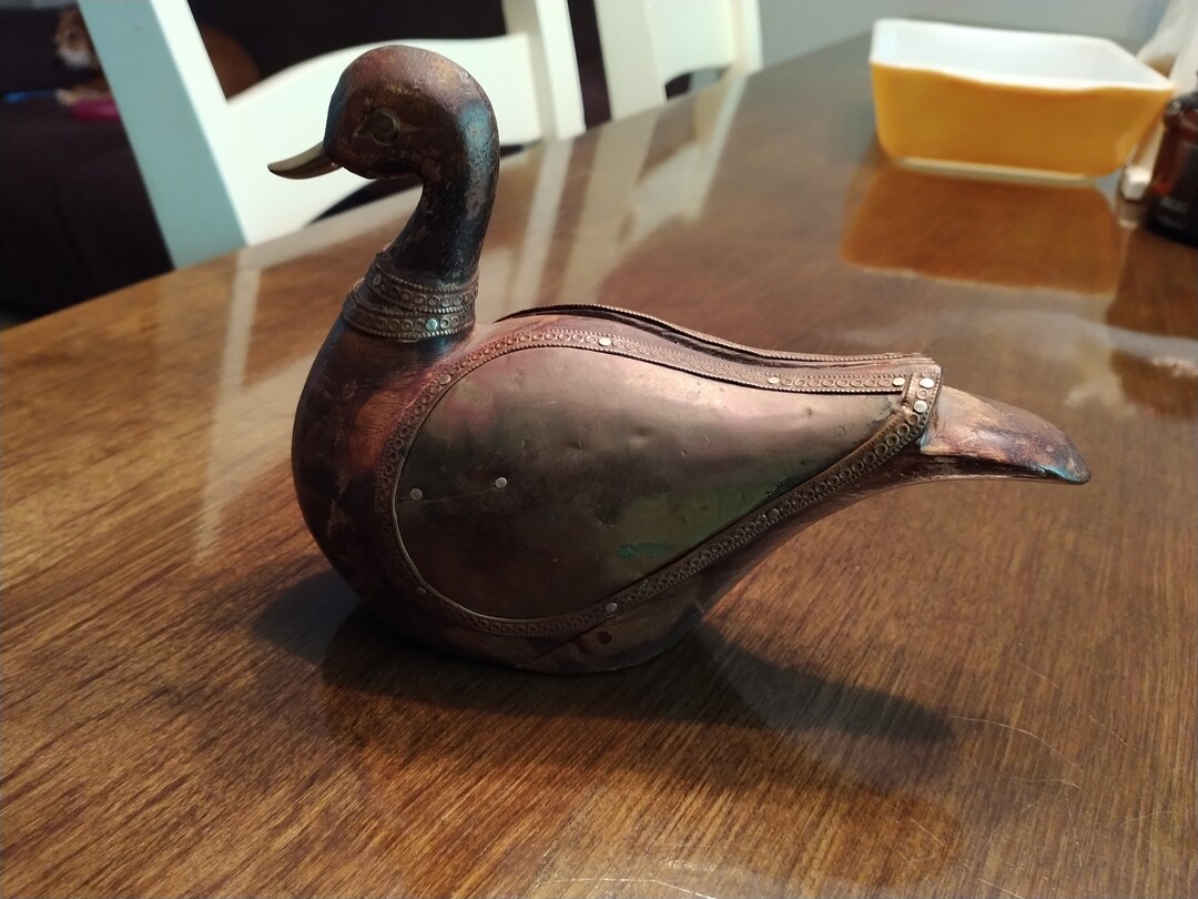 Mid Century Carved Wooden Duck With Brass Embellishments - Etsy