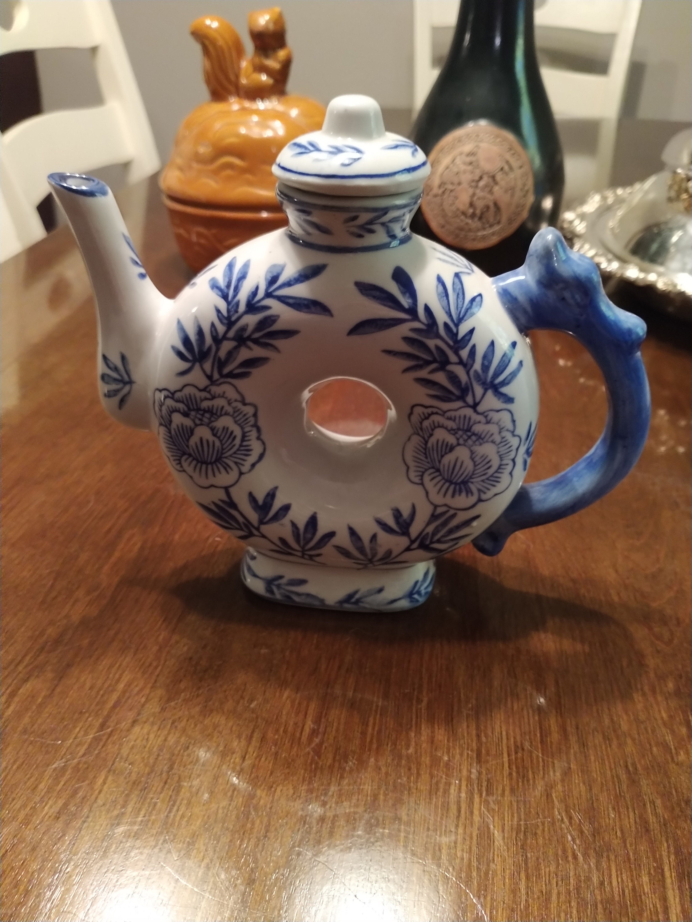 Antique Chinoiserie Blue and White Donut Shaped Porcelain Teapot - Etsy