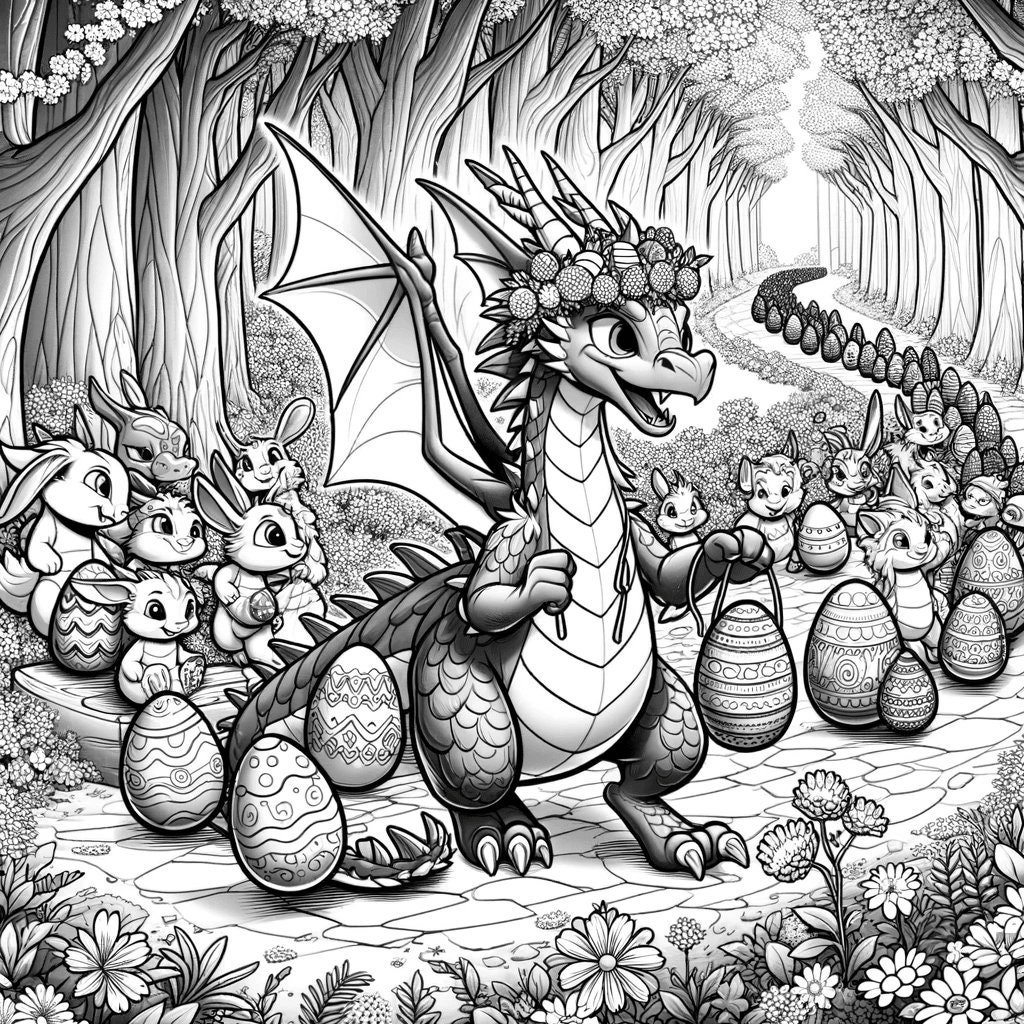 Dragon & Bunnies Easter Parade Coloring Page Download SVG, Png, Eps ...