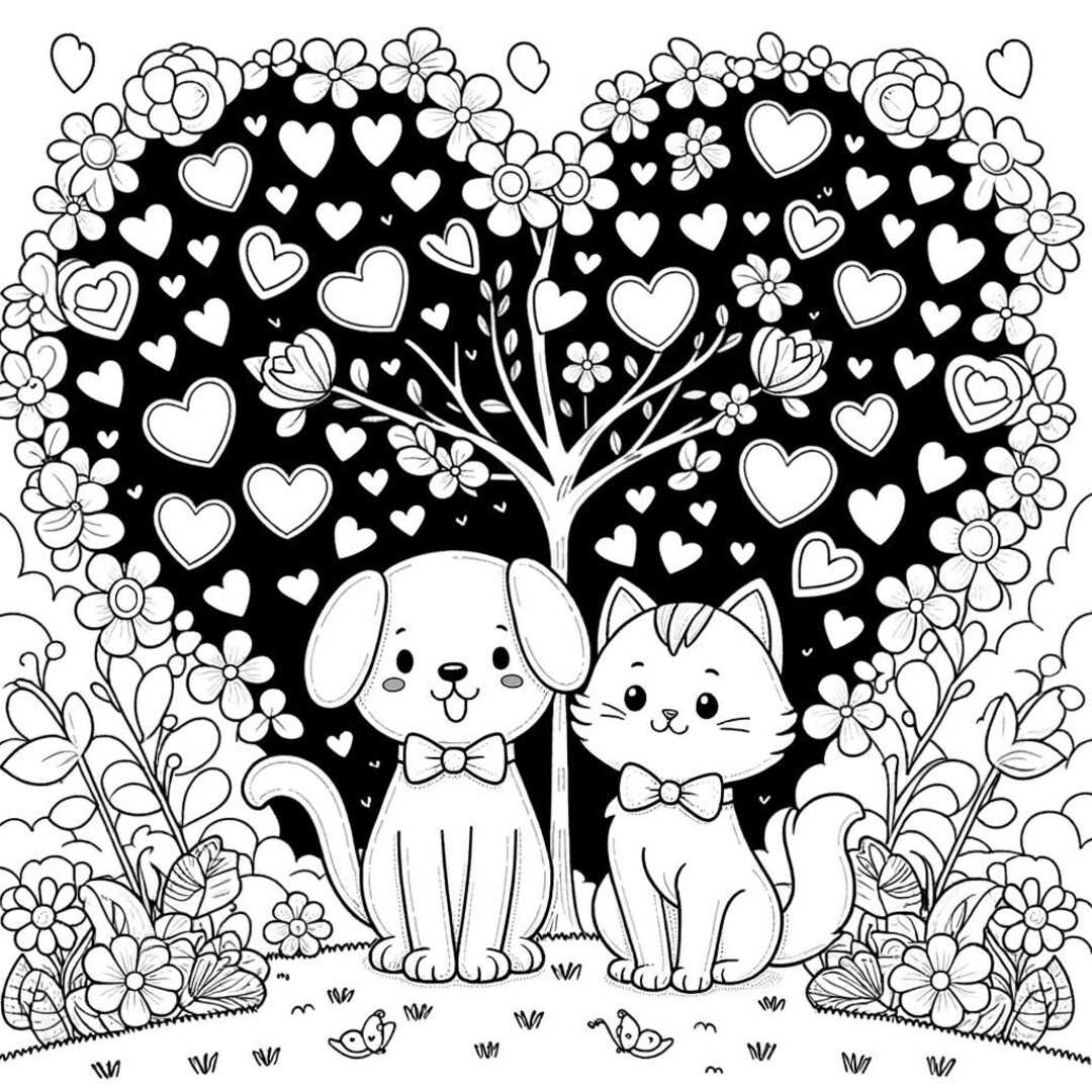 Puppy and Kitten Love Tree Coloring Page, Printable Friendship Heart ...