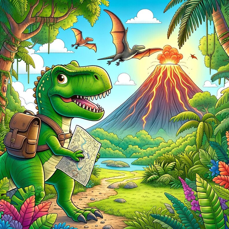 10 Colour Book Dinosaurs Adventurous Dinosaur Explorer Kids' Wall Art Volcanic Landscape ...