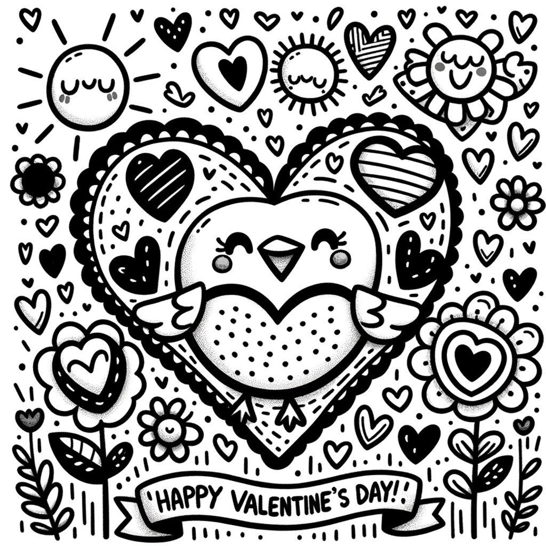 Cheerful Valentine's Day Bird Coloring Page, Heartwarming Printable ...