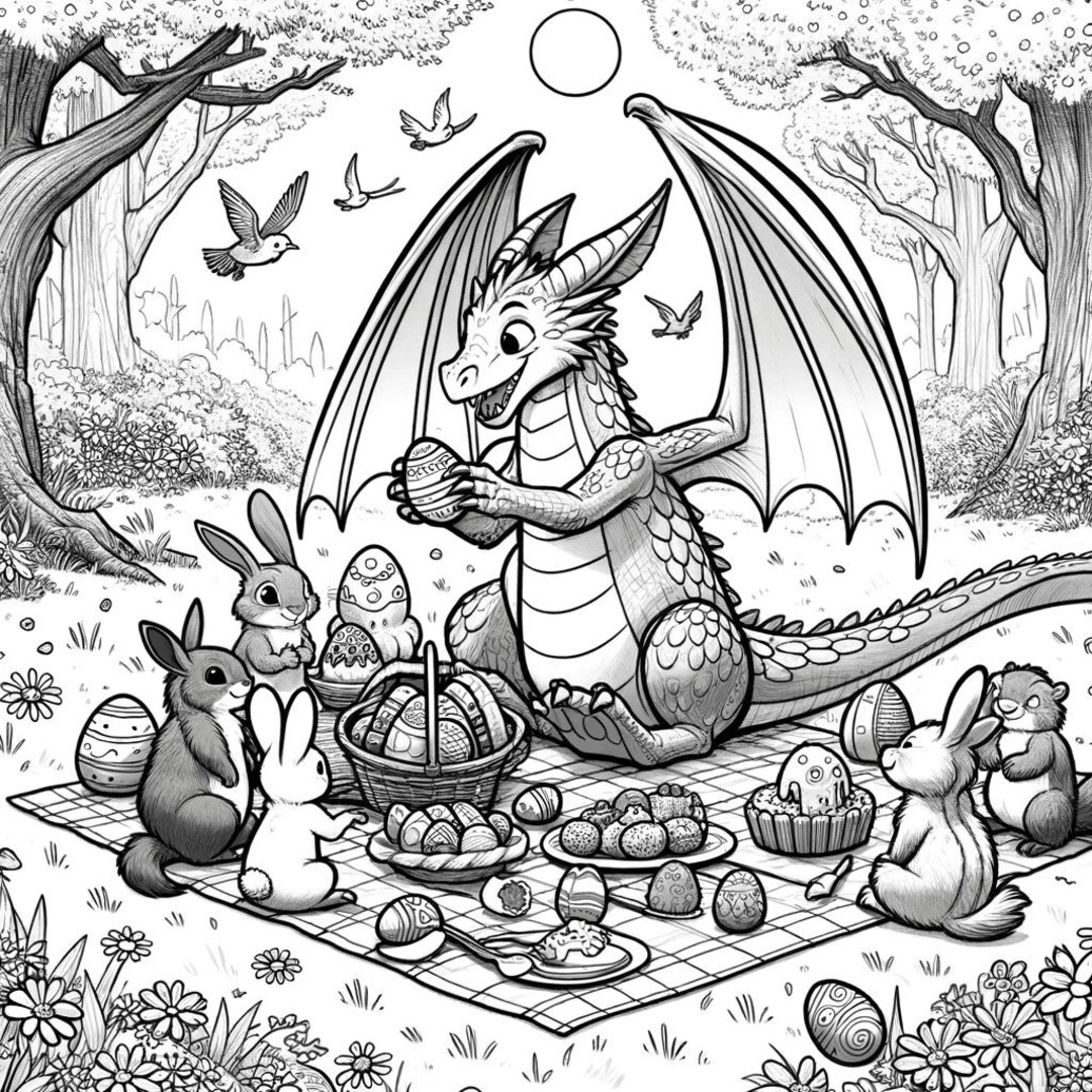 Dragon's Easter Picnic Coloring Page for All Ages SVG, Png, Eps, Dxf ...