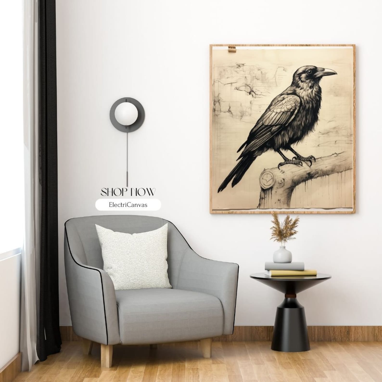 Minimalist Crow Sketch: Vintage Style Wall Art - Neutral Home Decor in ...