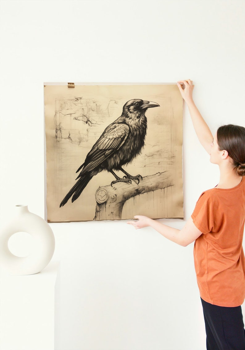 Minimalist Crow Sketch: Vintage Style Wall Art - Neutral Home Decor in ...