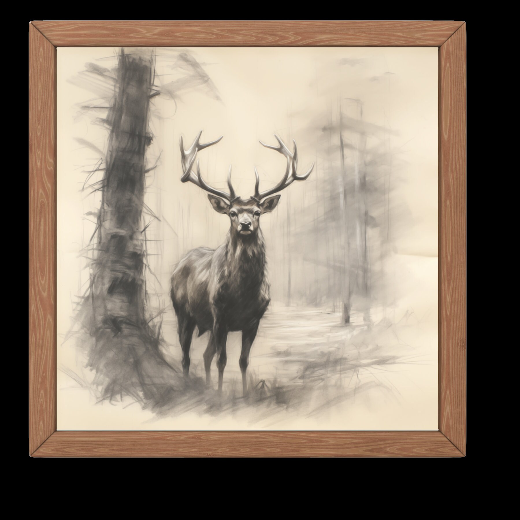 Vintage Style Magnificent Deer Sketch: Minimalist Neutral Wall Art ...