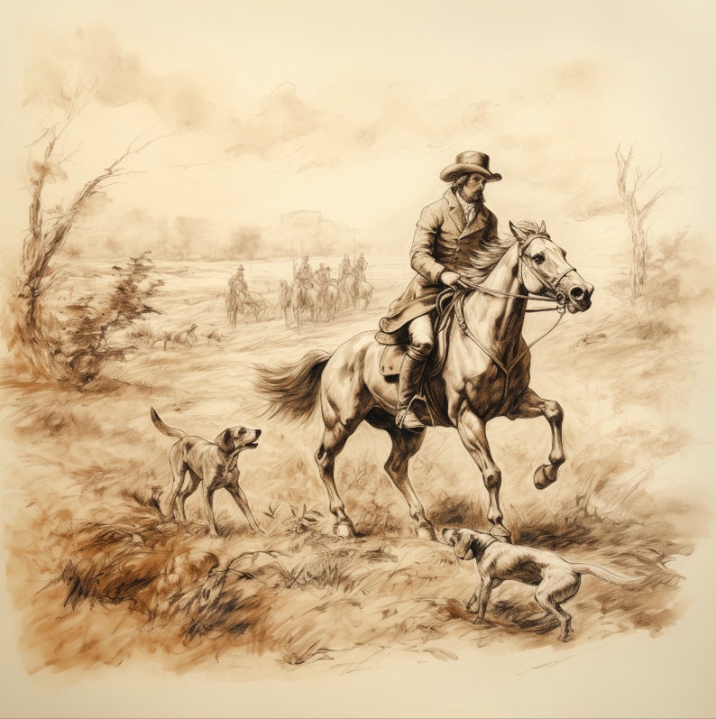 Vintage Style Sketch Hunting Scene Print - Minimalist Neutral Wall Art ...