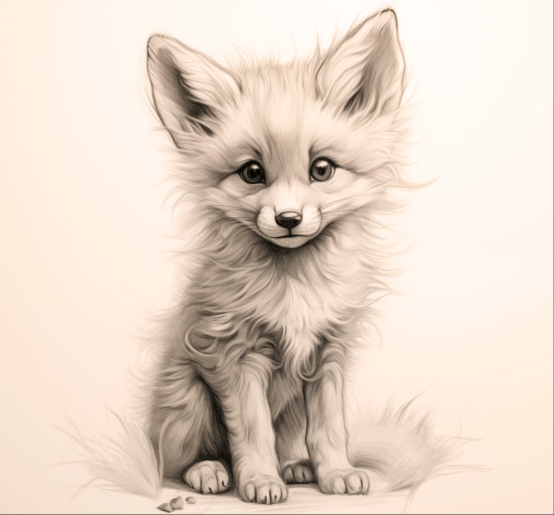 PRINTABLE Puppy Fox Art Print, Puppy Red Fox Pencil Drawing Wall Art ...
