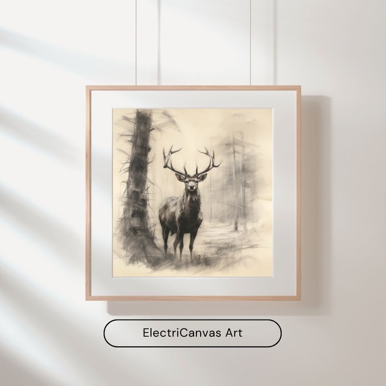 Vintage Style Magnificent Deer Sketch: Minimalist Neutral Wall Art ...
