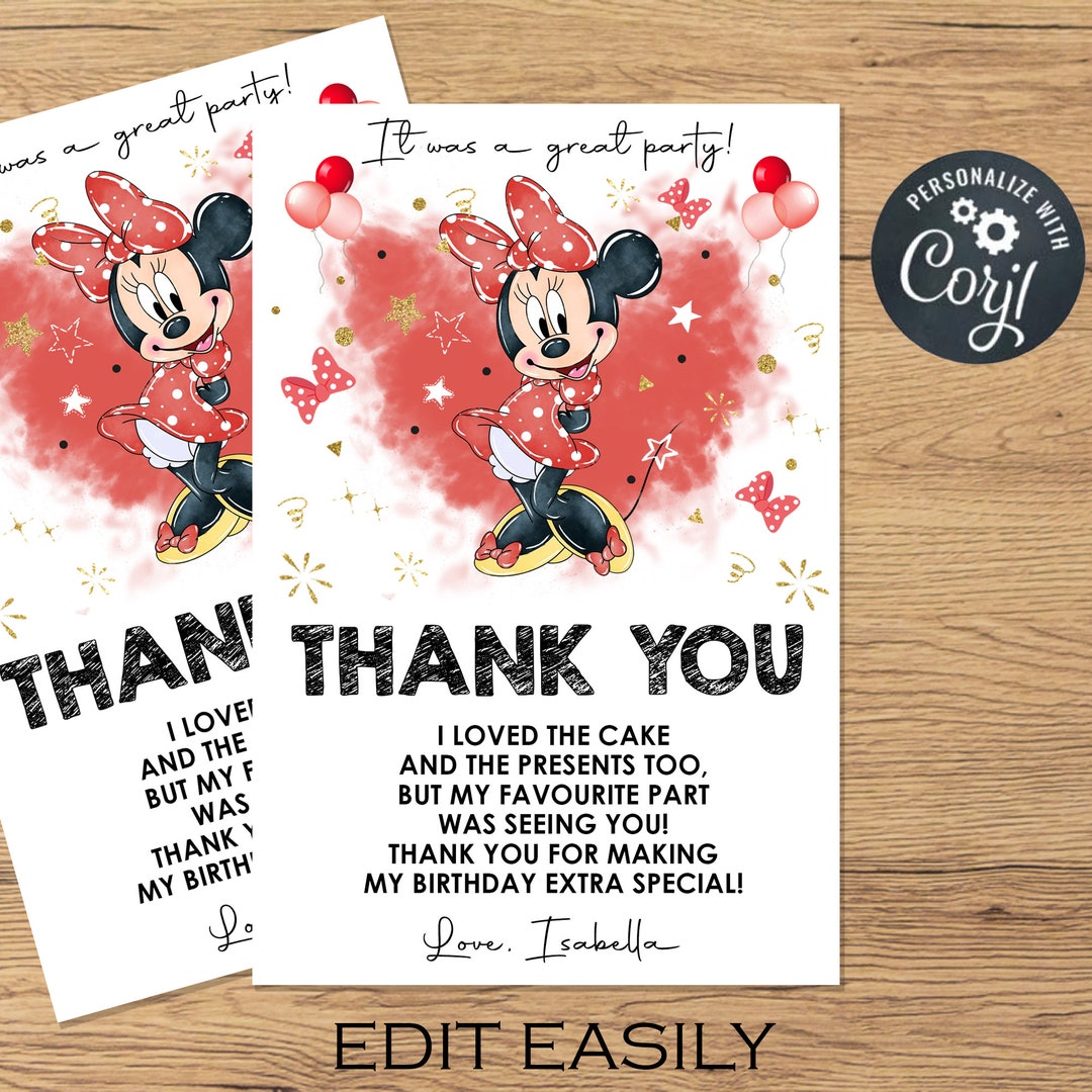 Editable Minnie Mouse Thank You Card, Minnie Mouse Thank You Note ...