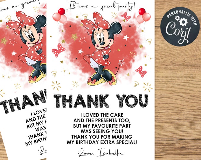 Minnie Mouse Thank You Cards, Minnie Mouse, Thank You Notes, Red and ...