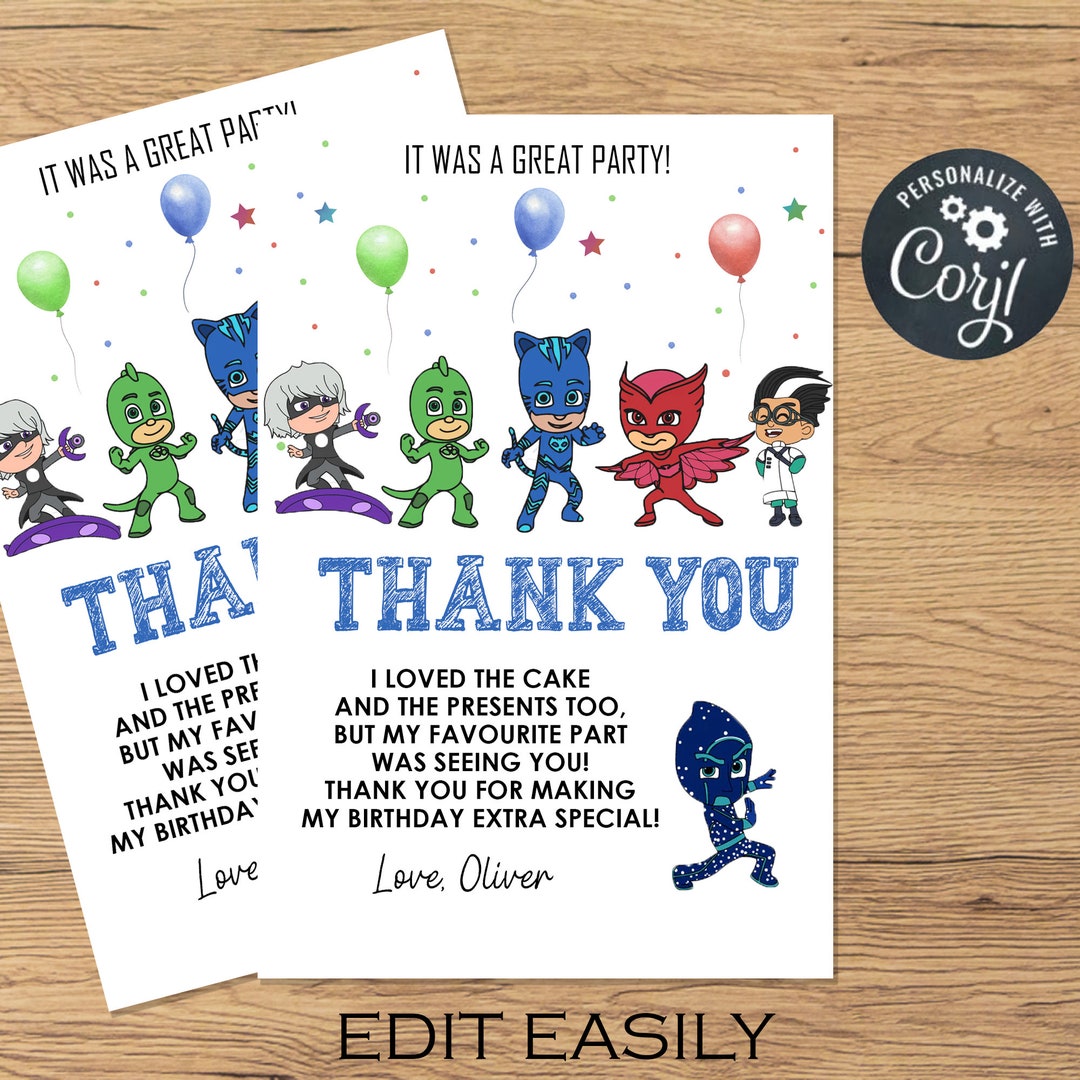 PJM Thank You Cards Birthday Party Printable Editable Template Corjl ...