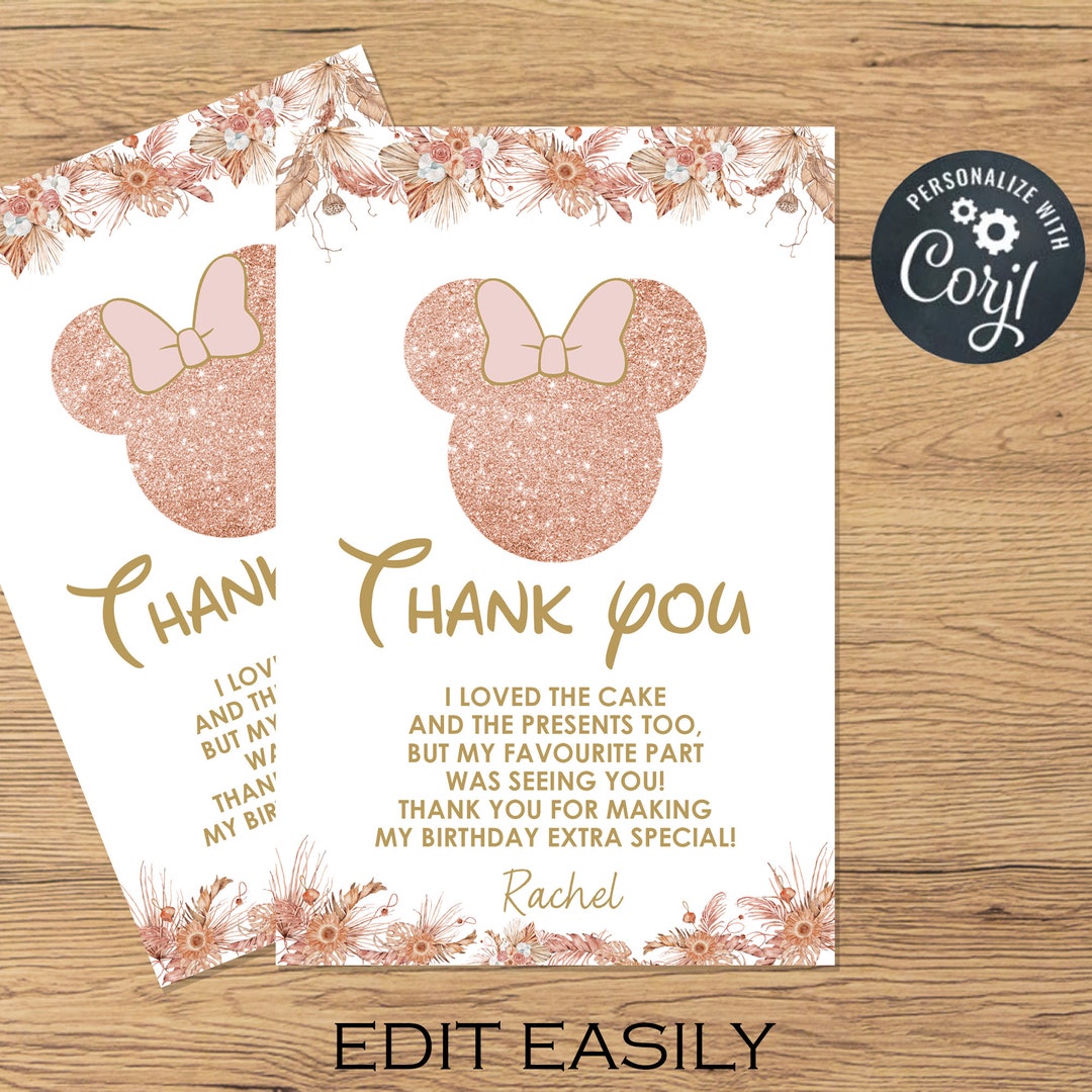 Editable Minnie Mouse Boho Thank You Card, Minnie Mouse Thank You Note ...