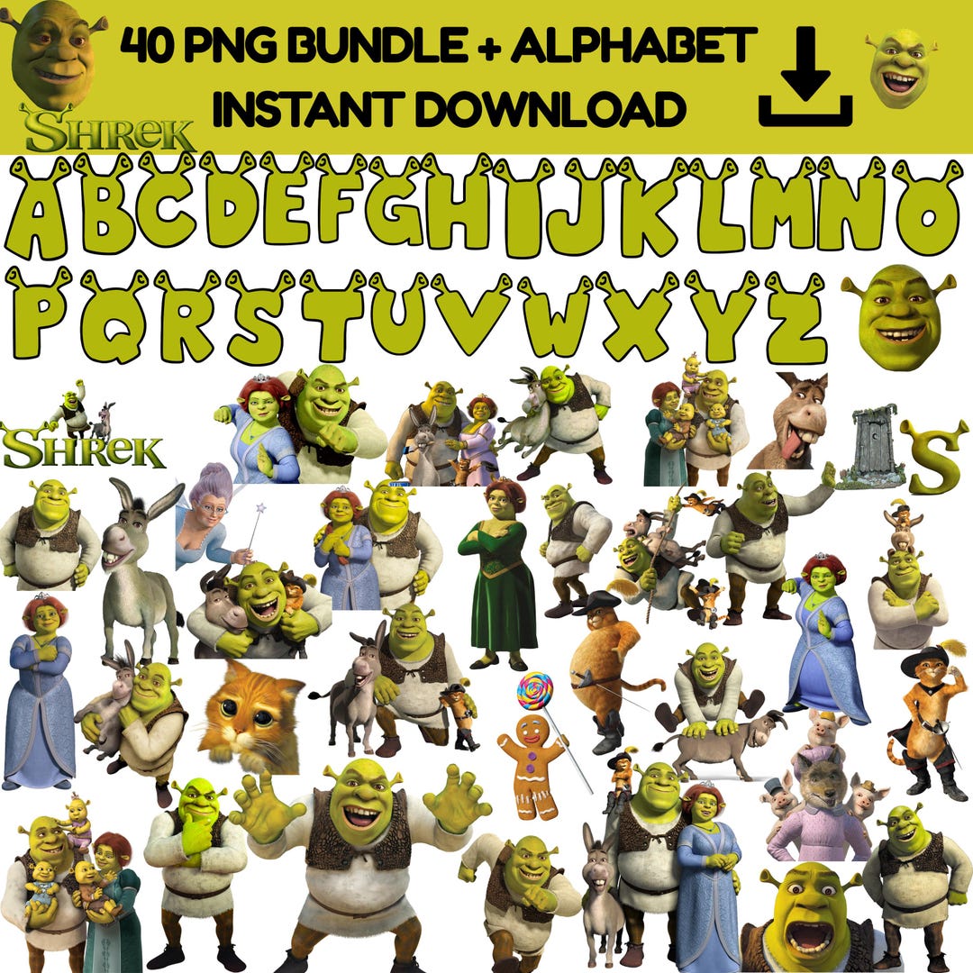 Instant Download Shrek 40PNG+ Alphabet, Shrek Clipart, Digital File ...