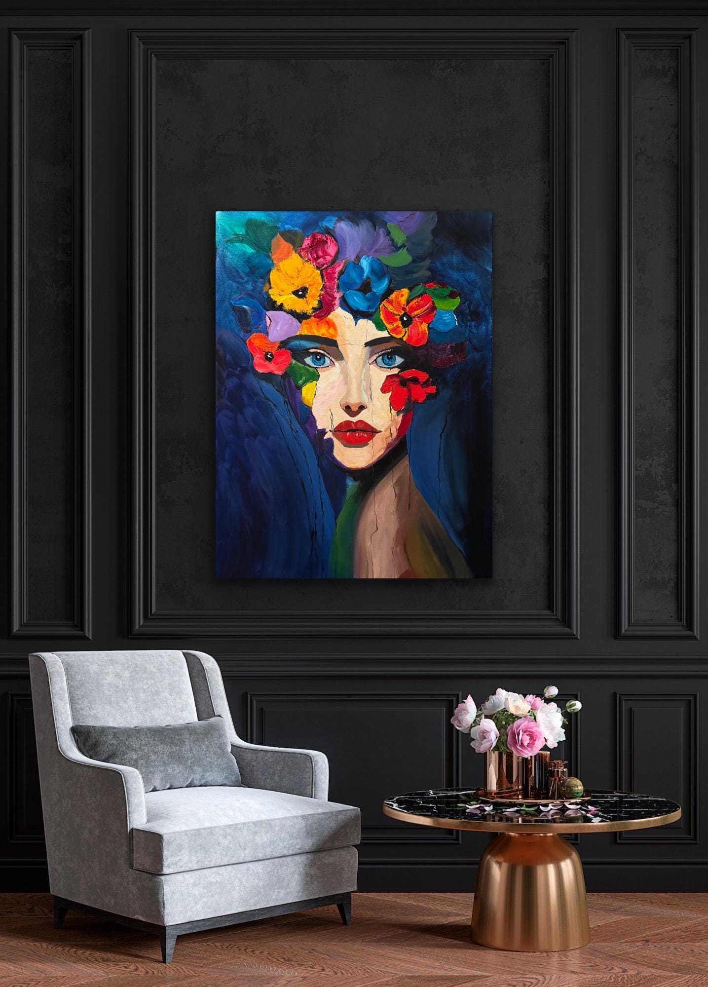 Colorful Floral Crown Abstract Painting, Abstract Portrait, Original ...