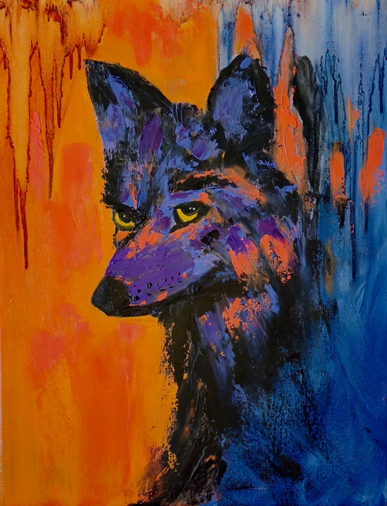 Fierce Spirit Original Wolf Oil Painting, Expressive Wildlife Art, Bold ...