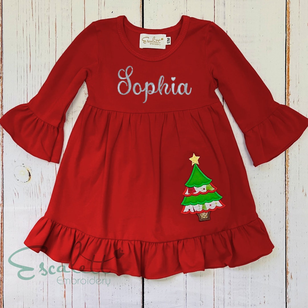 Personalized Girls Christmas Dress: Embroidered Tree, Ruffle Long ...