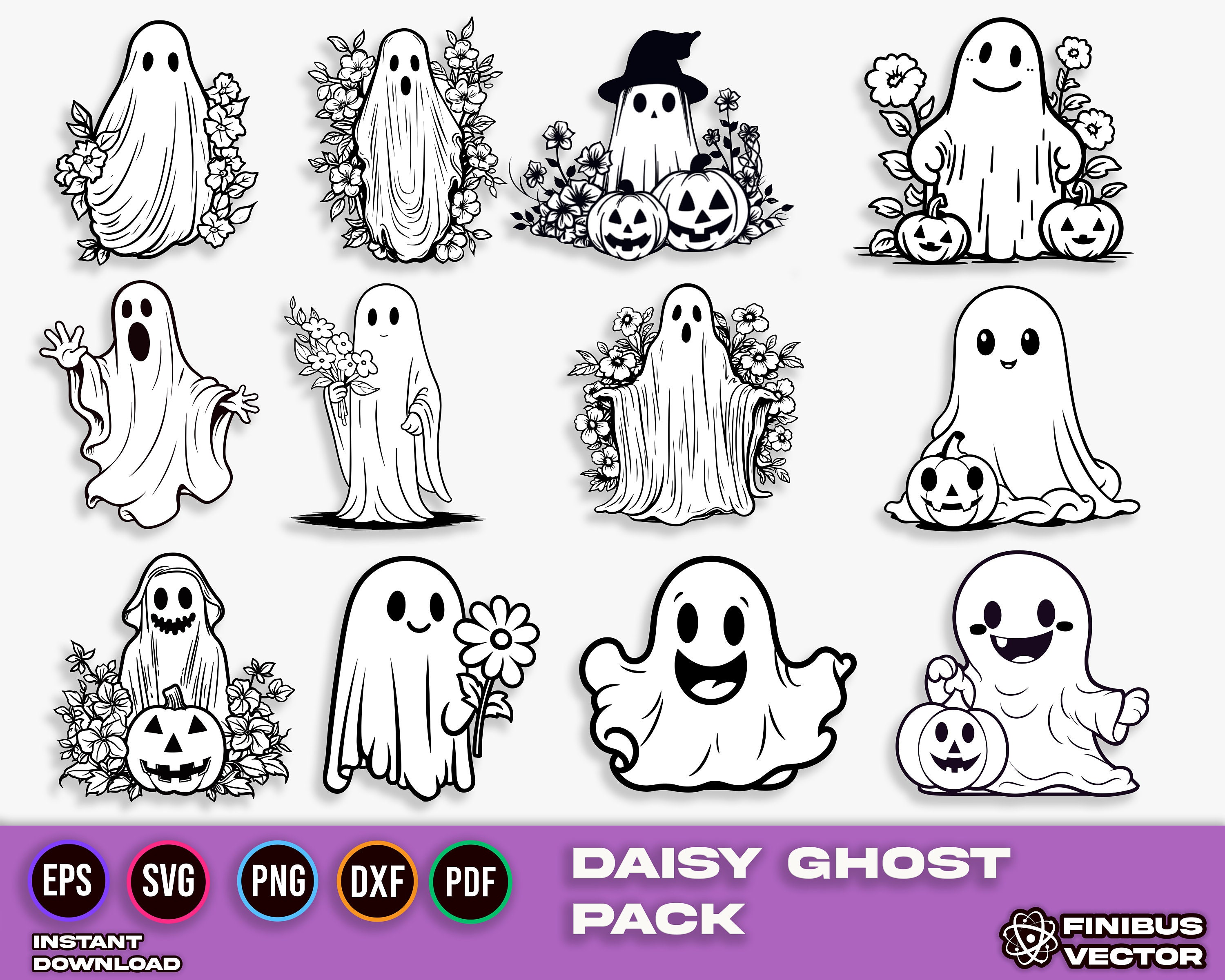 Daisy Ghost Bundle Svg, Spooky Season Svg, Floral Ghost Outline Svg ...