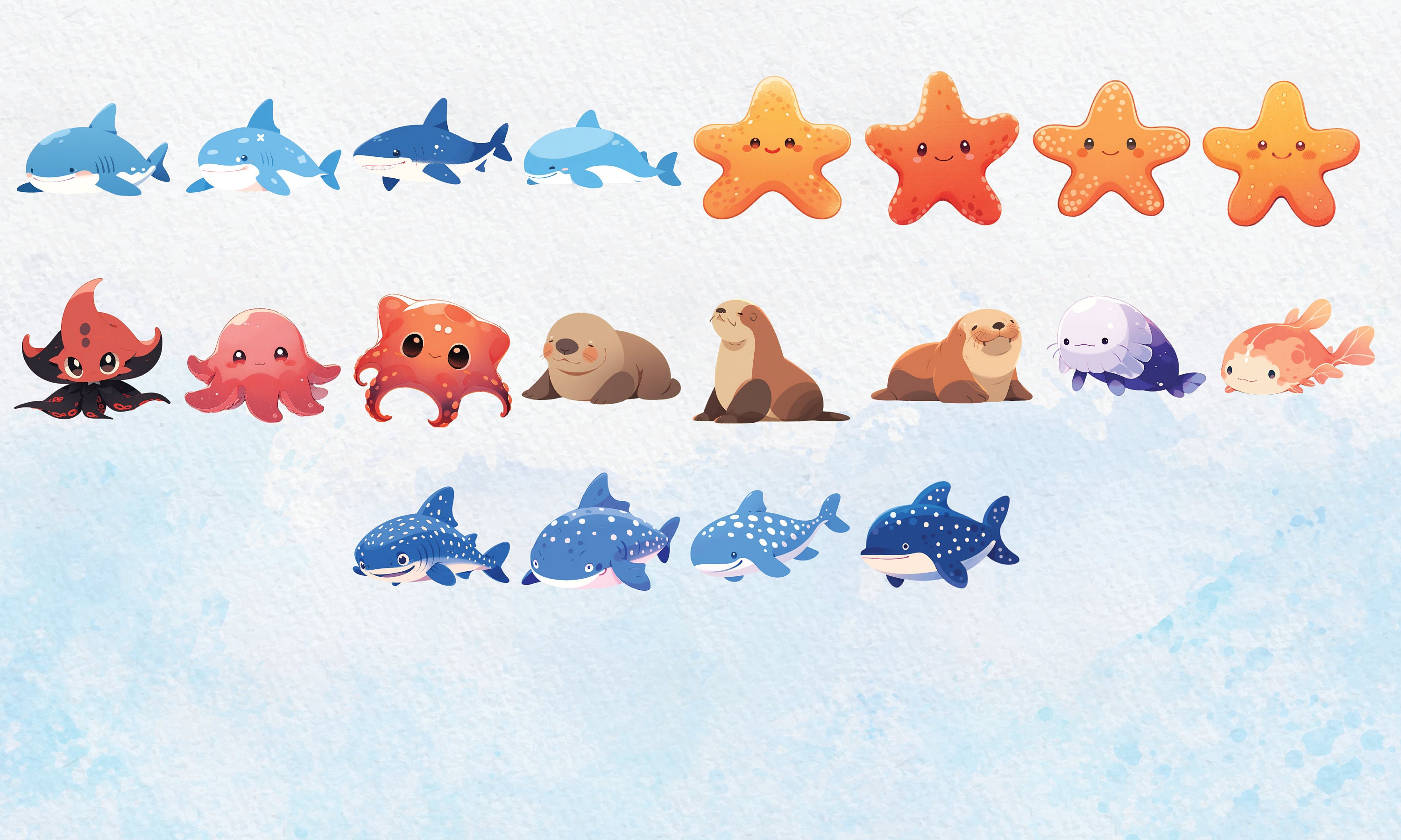 150+ Chibi Under the Sea Animals Watercolor Clip Art Bundle | Sea ...
