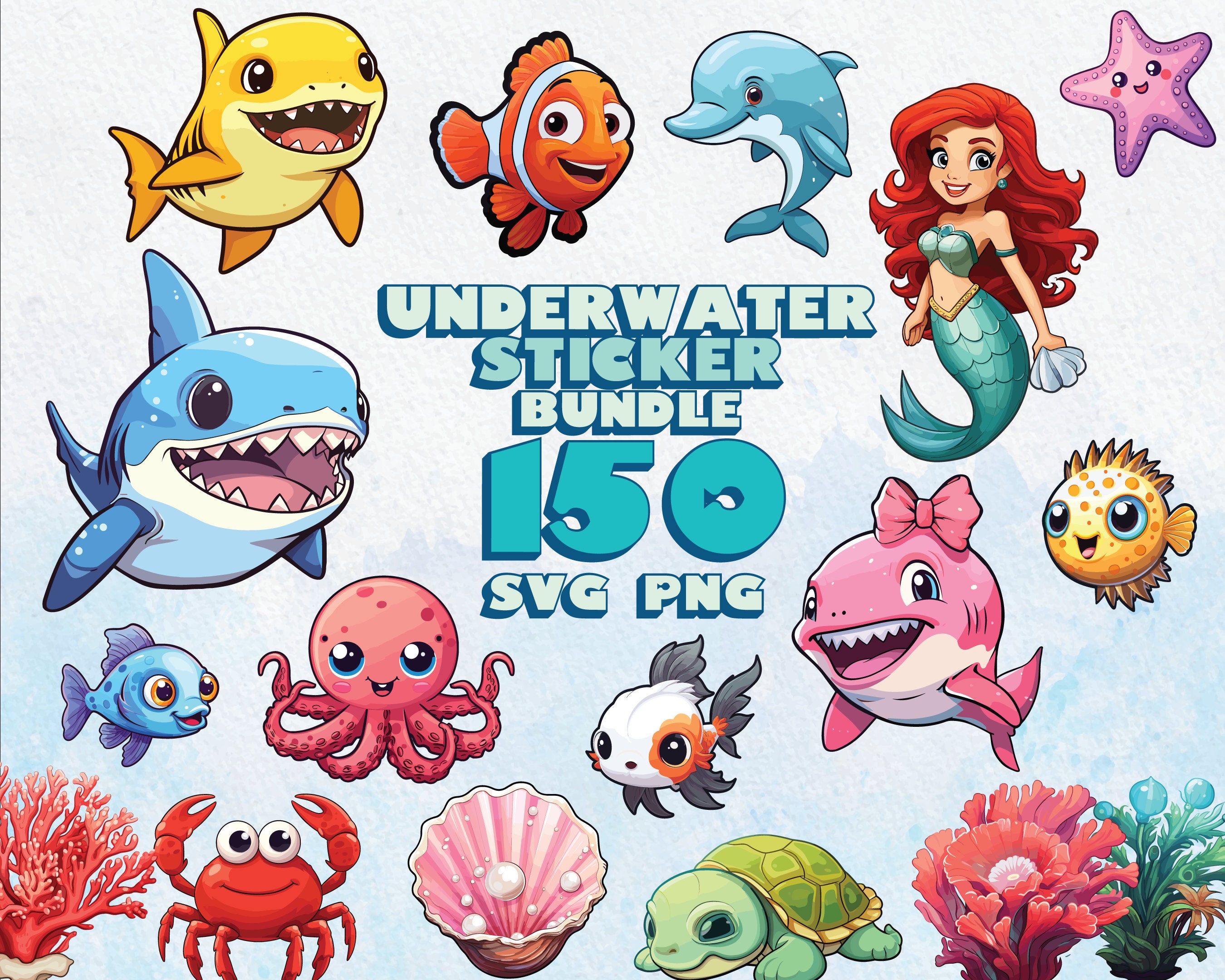 Underwater Clipart Bundle 150 - Nursery Decor, Baby Wall Art, Cute ...