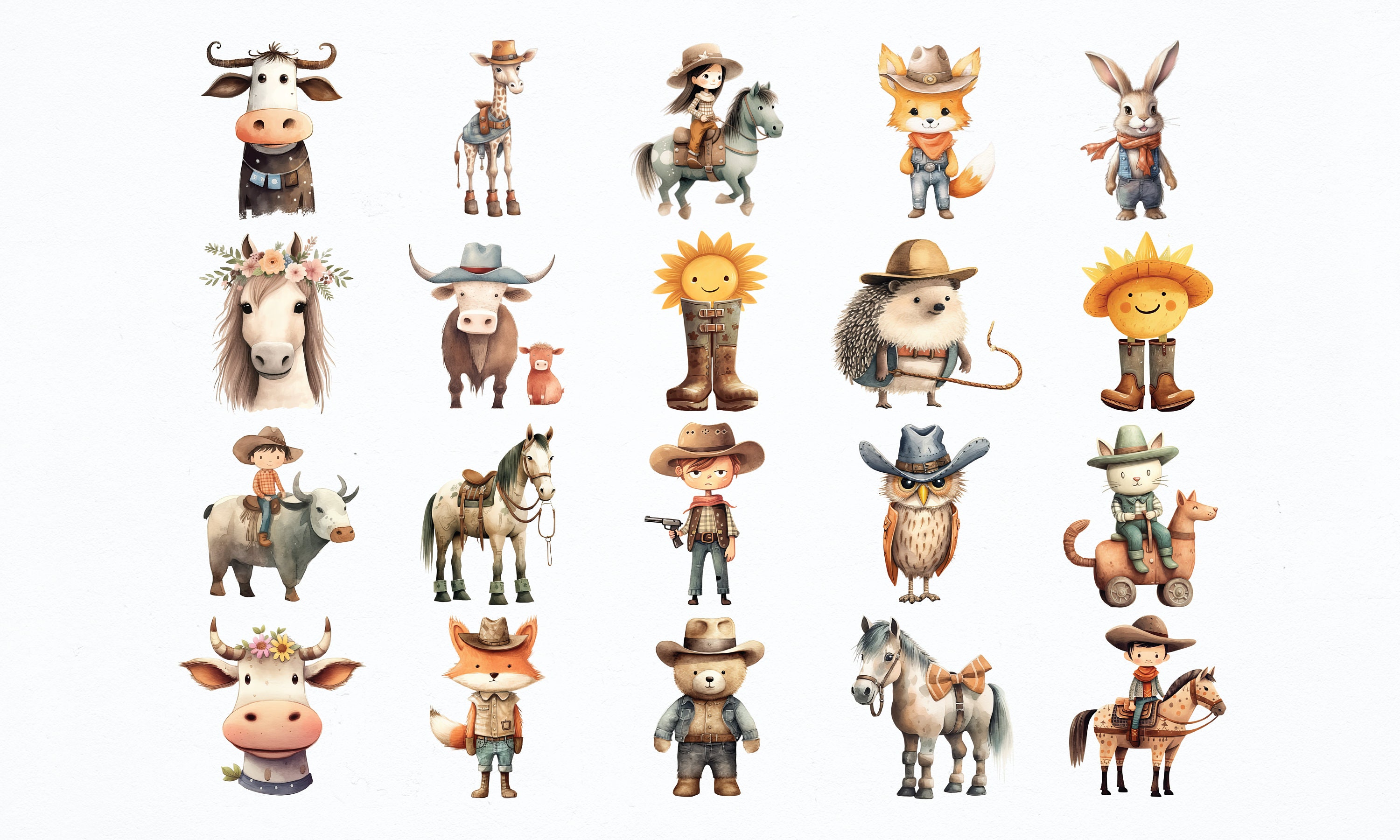 Cute Watercolor Western Clipart Texas Horse Ranch Cowboy Bundle PNG ...