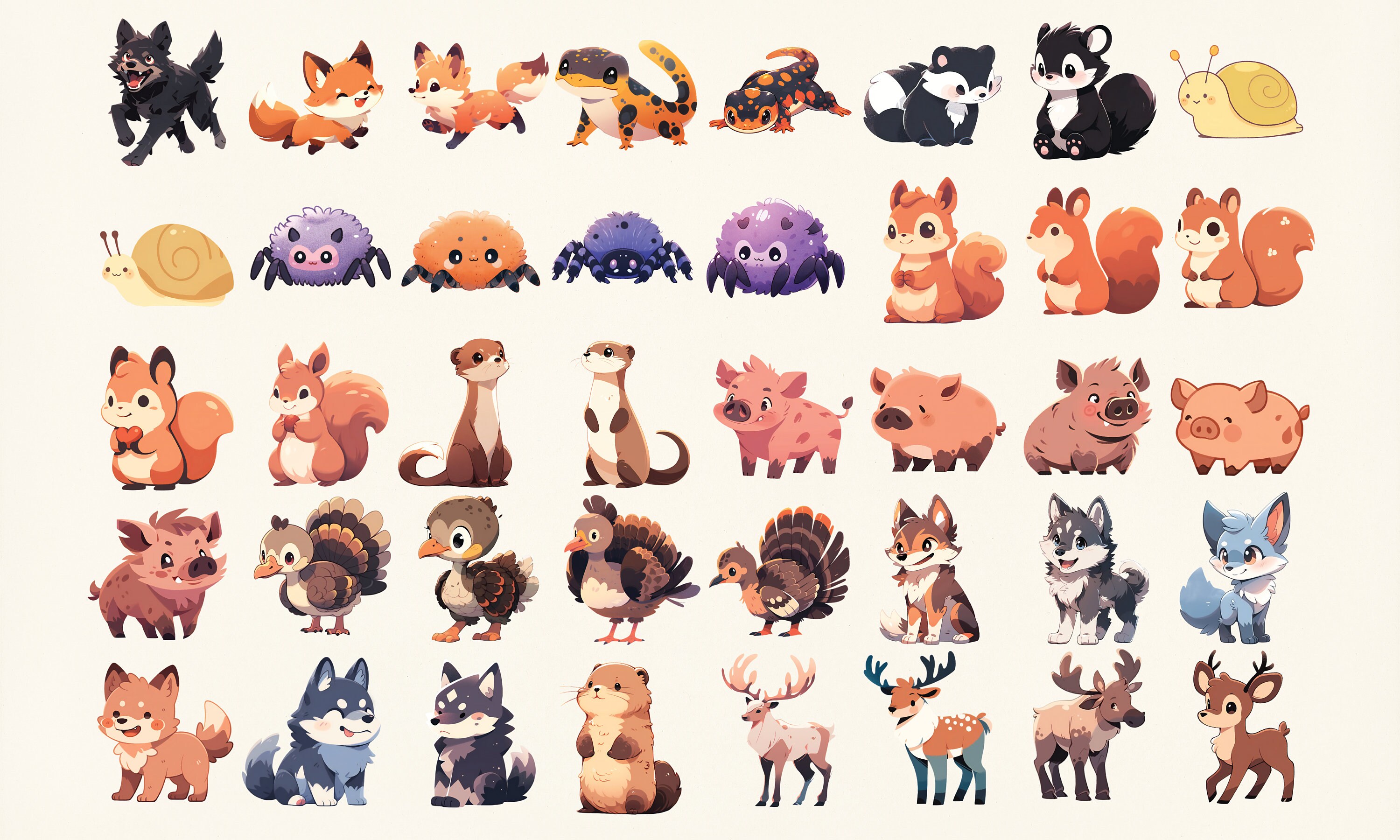150+ Chibi Woodland Animals Clipart Watercolor Bundle, Commercial Use ...