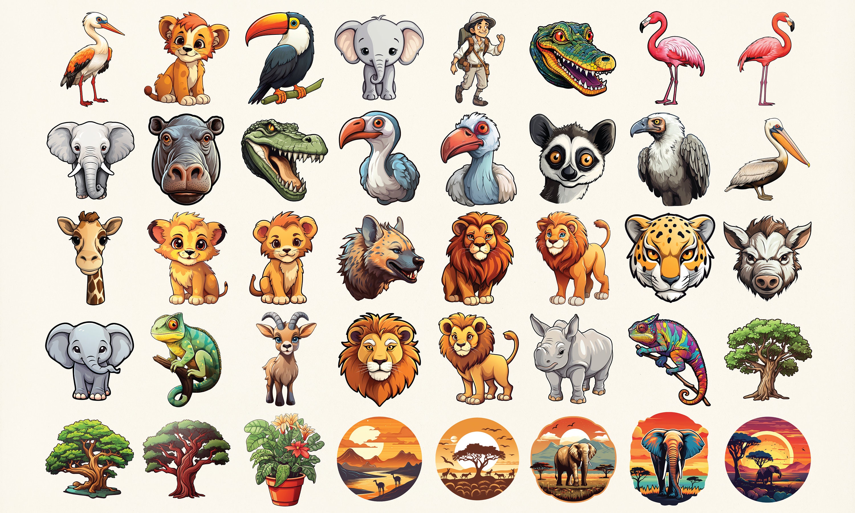 200+ Cartoon Safari Bundle, Safari Animals Watercolor Clipart, Elephant ...