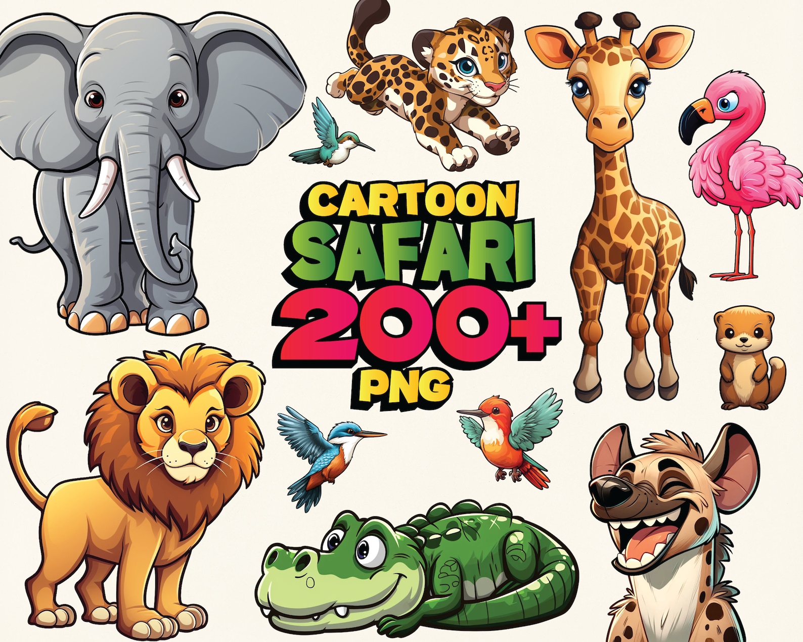 200+ Cartoon Safari Bundle, Safari Animals Watercolor Clipart, Elephant ...