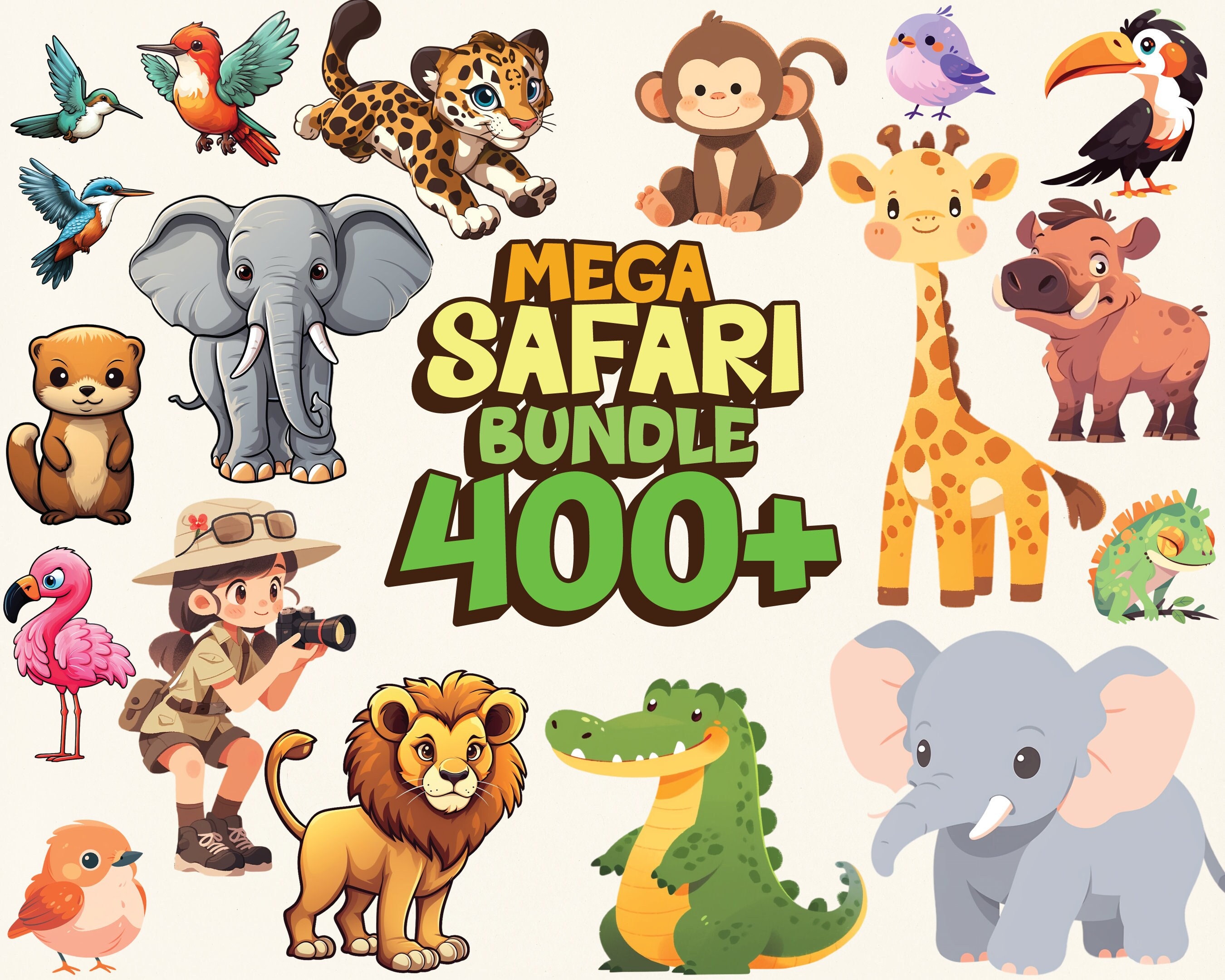 400+ Mega Safari Bundle, Safari Animals Watercolor Clipart, Elephant ...