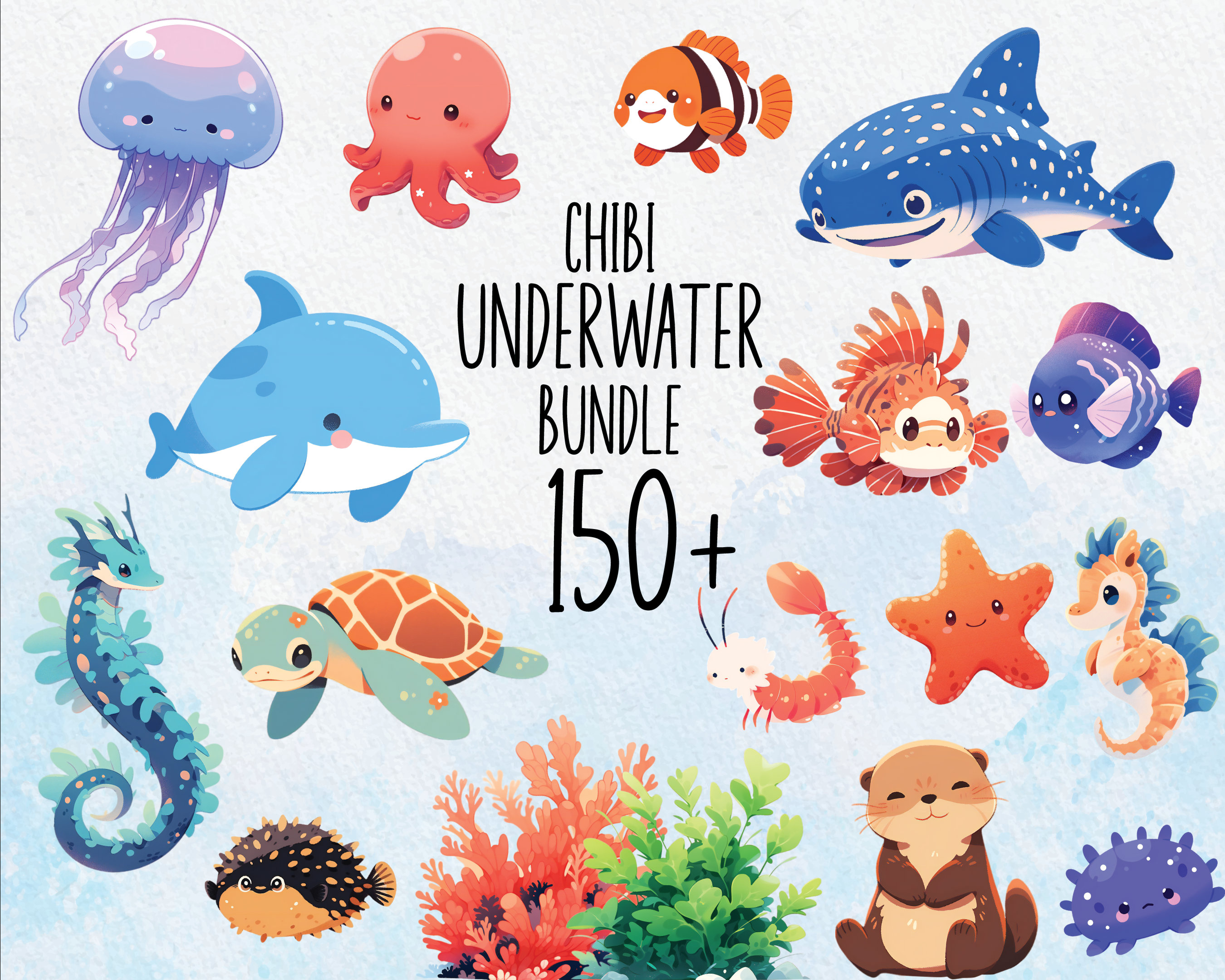 150 Chibi Under the Sea Animals Watercolor Clip Art Bundle Sea Animals ...