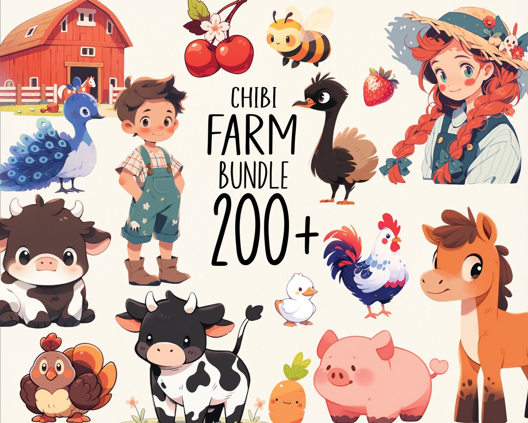200+ Chibi Farm Bundle, Farm Clipart, Watercolor Farm, Nursery Clipart ...