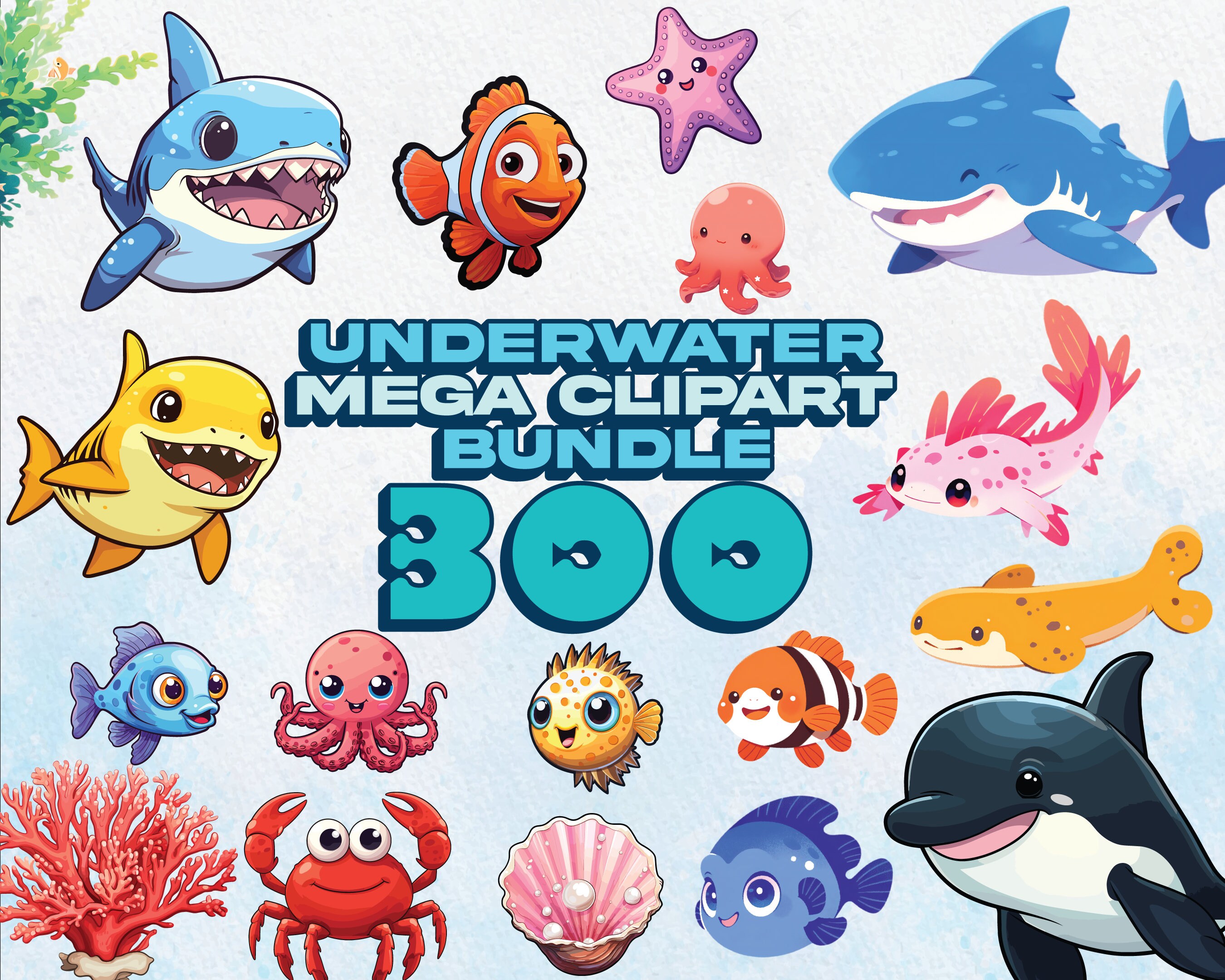 300 Underwater Mega Clipart Bundle Under the Sea Pngs, Cute Sea Animals ...