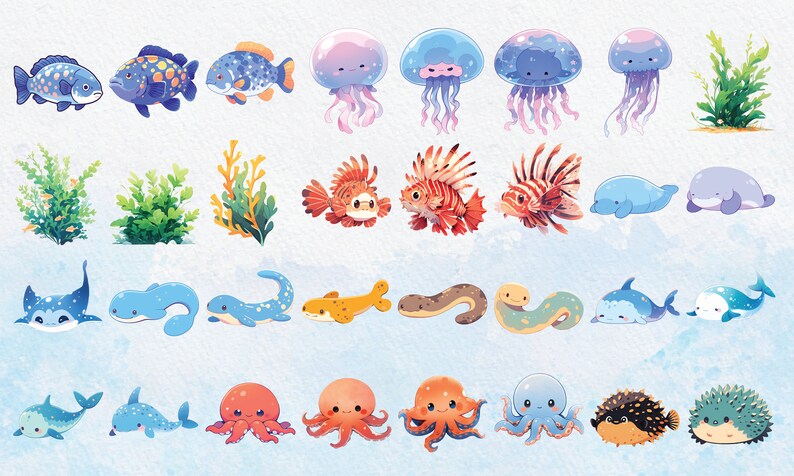 150 Chibi Under the Sea Animals Watercolor Clip Art Bundle Sea Animals ...