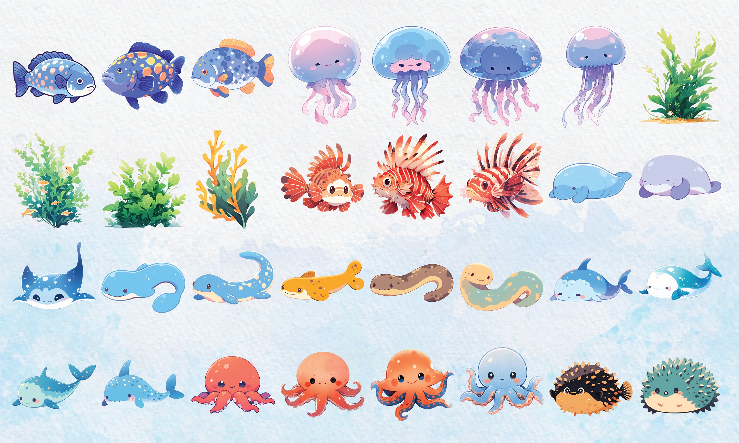 150+ Chibi Under the Sea Animals Watercolor Clip Art Bundle | Sea ...