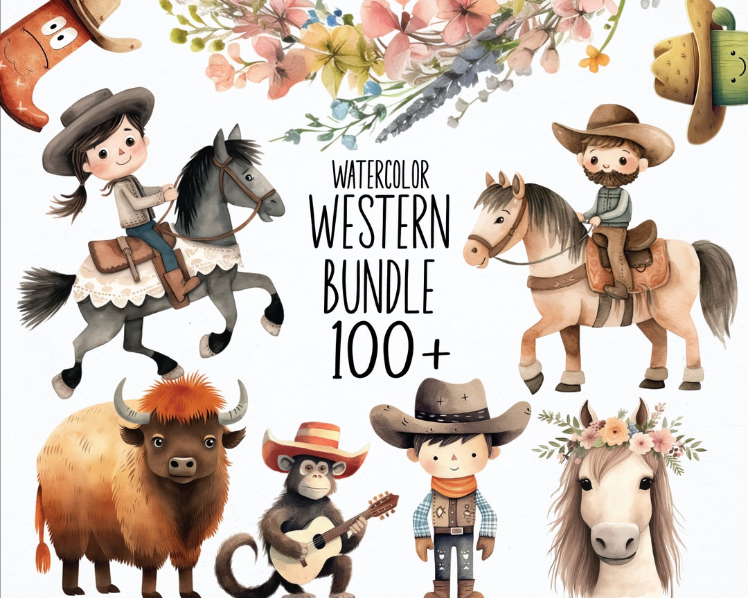 Cute Watercolor Western Clipart Texas Horse Ranch Cowboy Bundle PNG ...