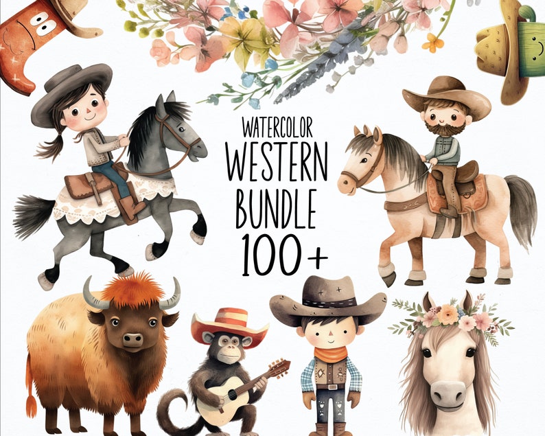 Cute Watercolor Western Clipart Texas Horse Ranch Cowboy Bundle PNG ...