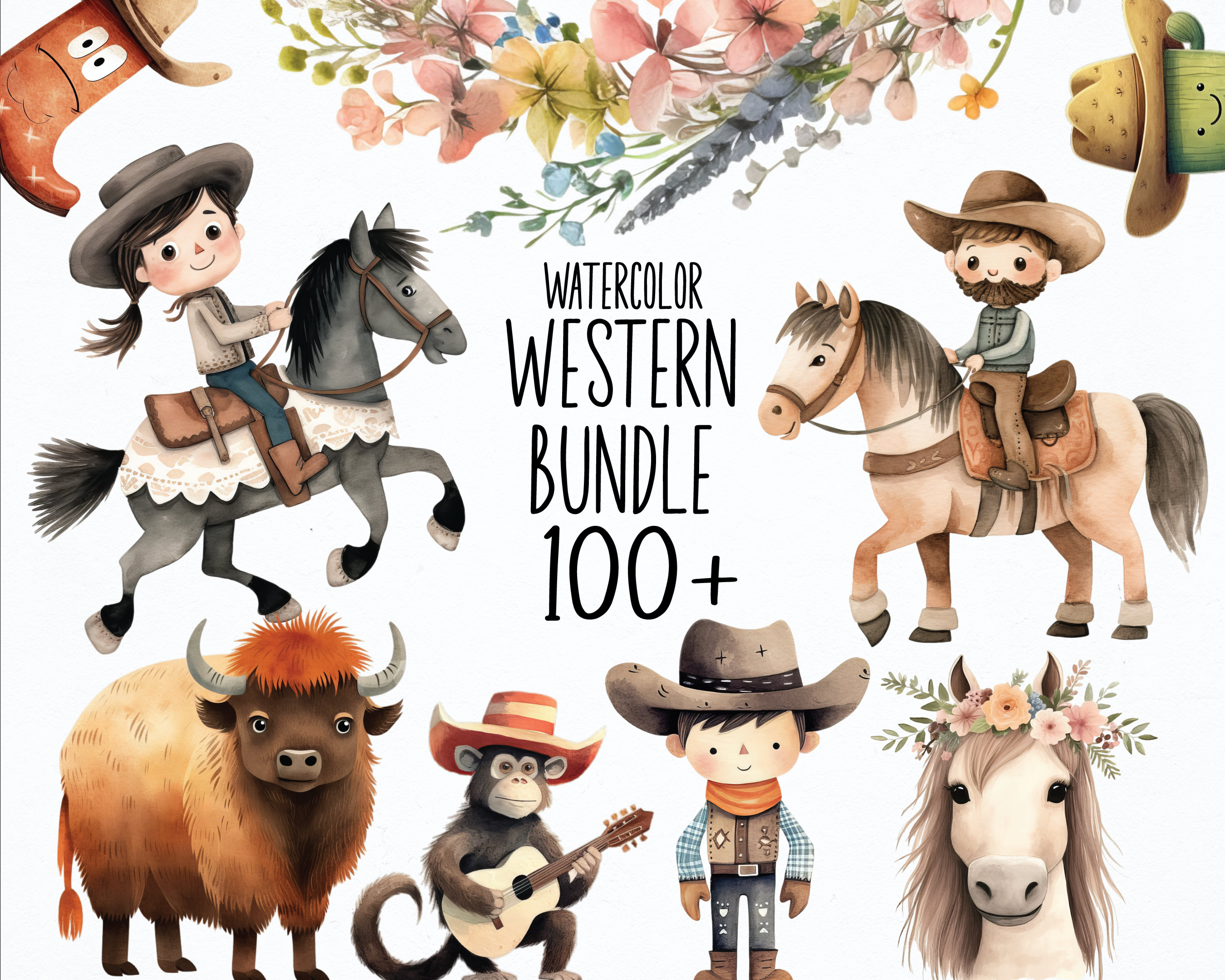 Cute Watercolor Western Clipart Texas Horse Ranch Cowboy Bundle PNG ...