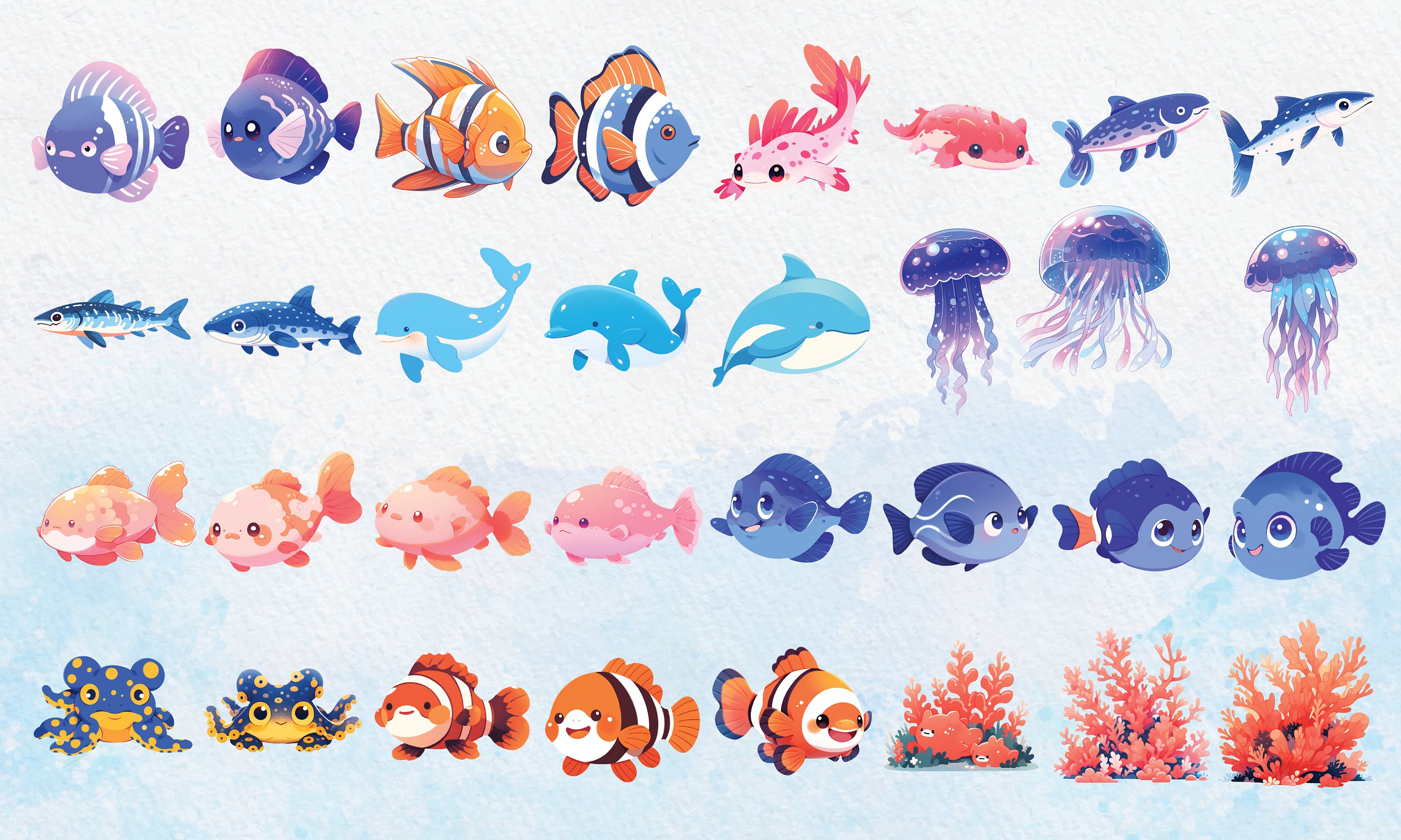150+ Chibi Under the Sea Animals Watercolor Clip Art Bundle | Sea ...