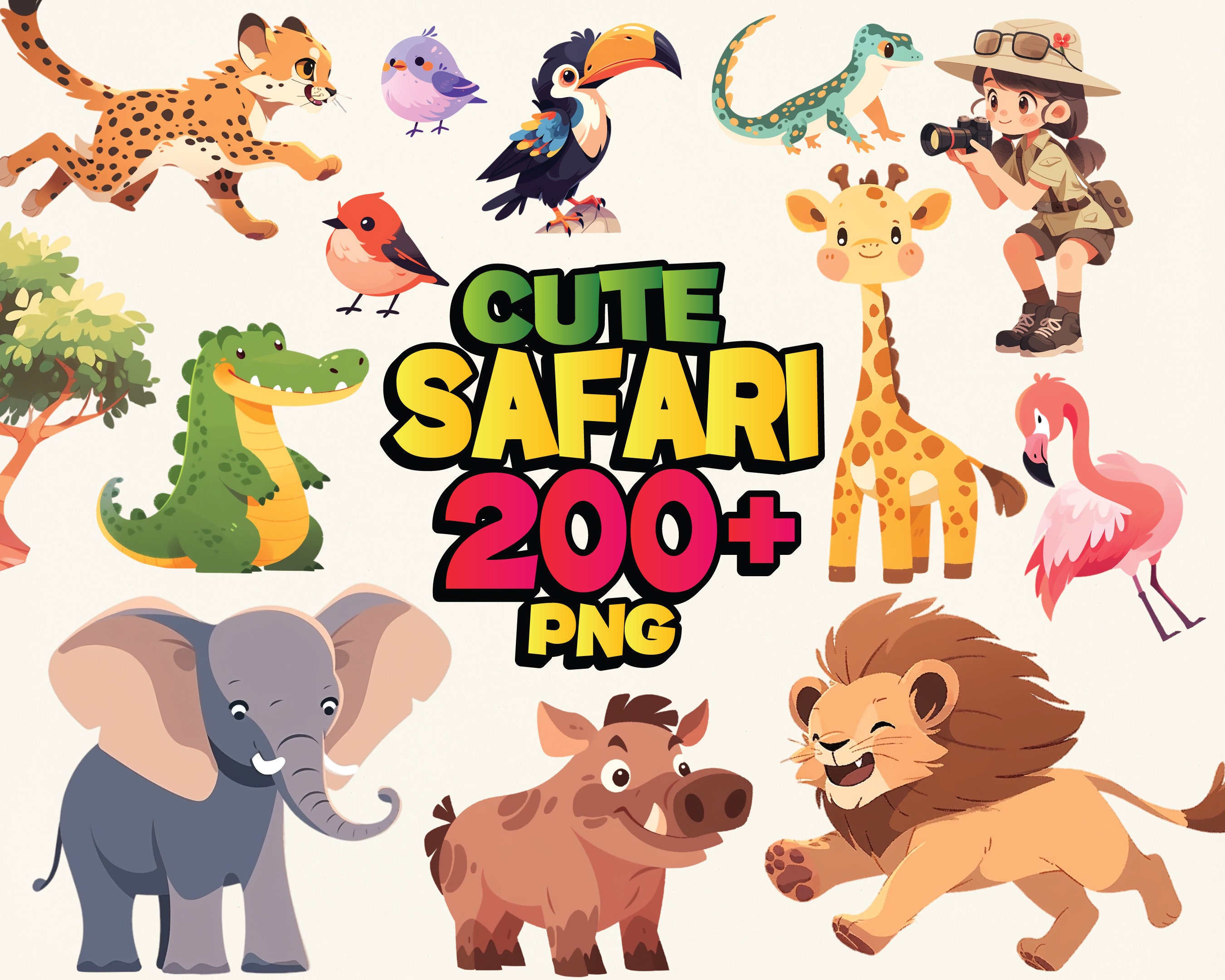 200 Cute Safari Bundle, Safari Animals Watercolor Clipart, Elephant ...