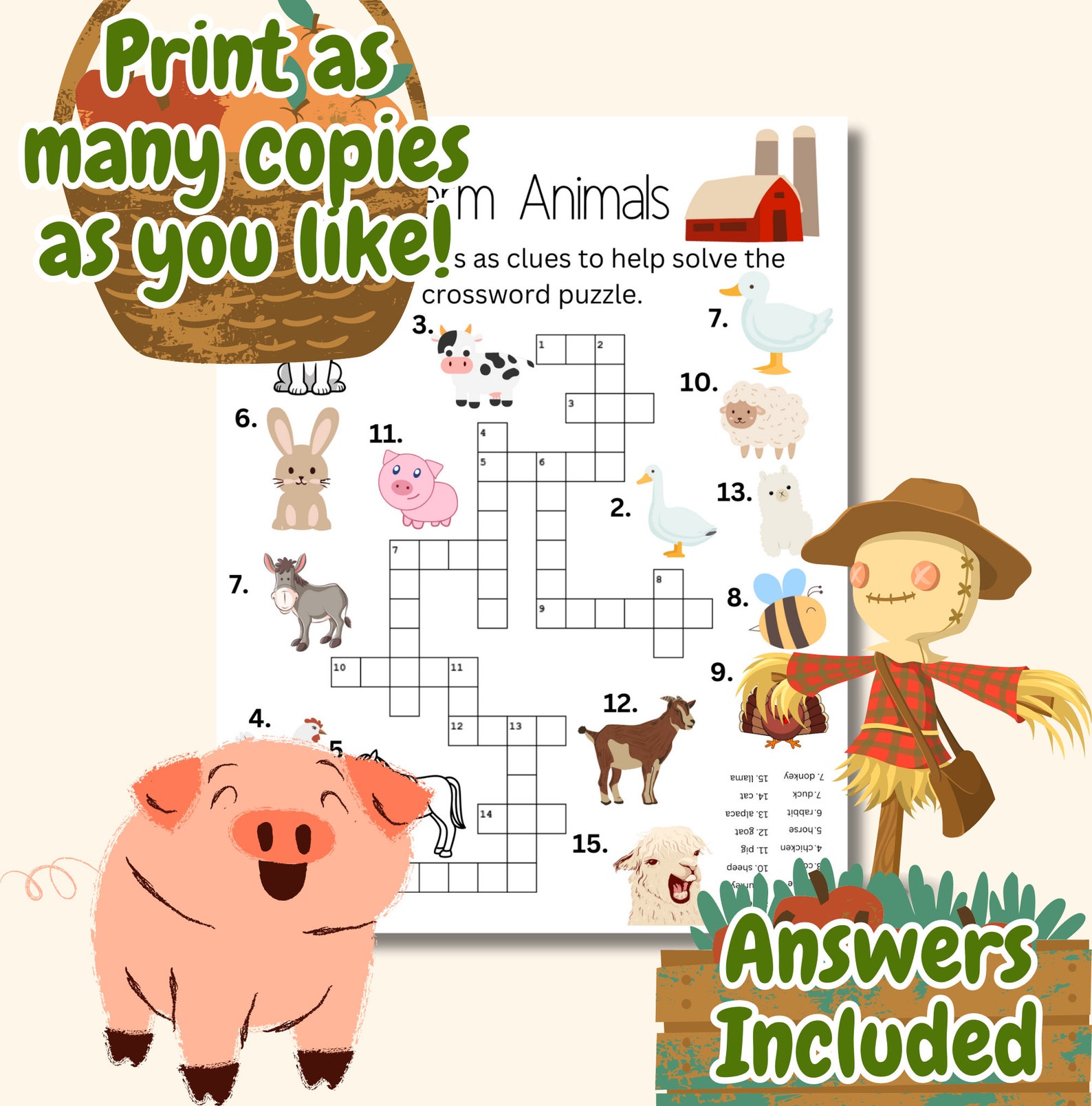 Farm Animal Crossword Puzzle Activity for Kids, Printable Learning Page ...
