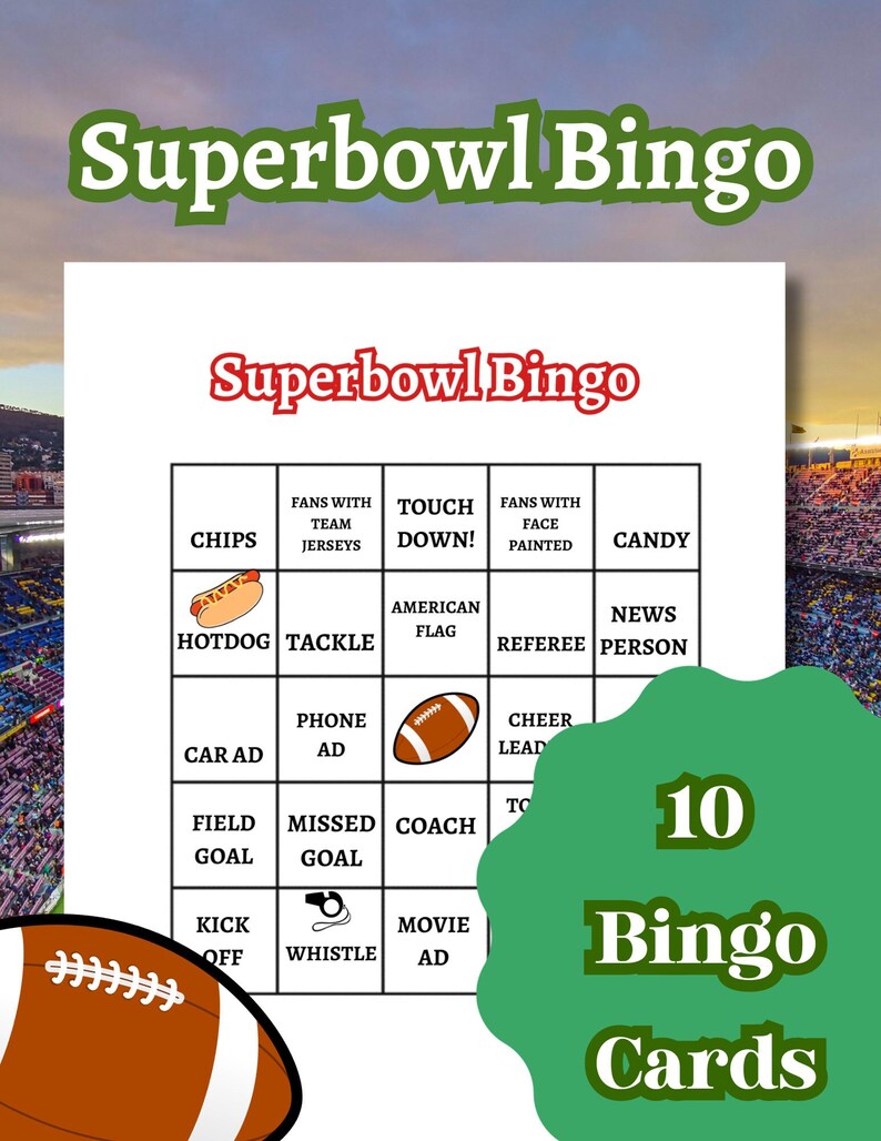 Superbowl Football Bingo, 2025 the Big Game 59, PDF Download, 10 ...