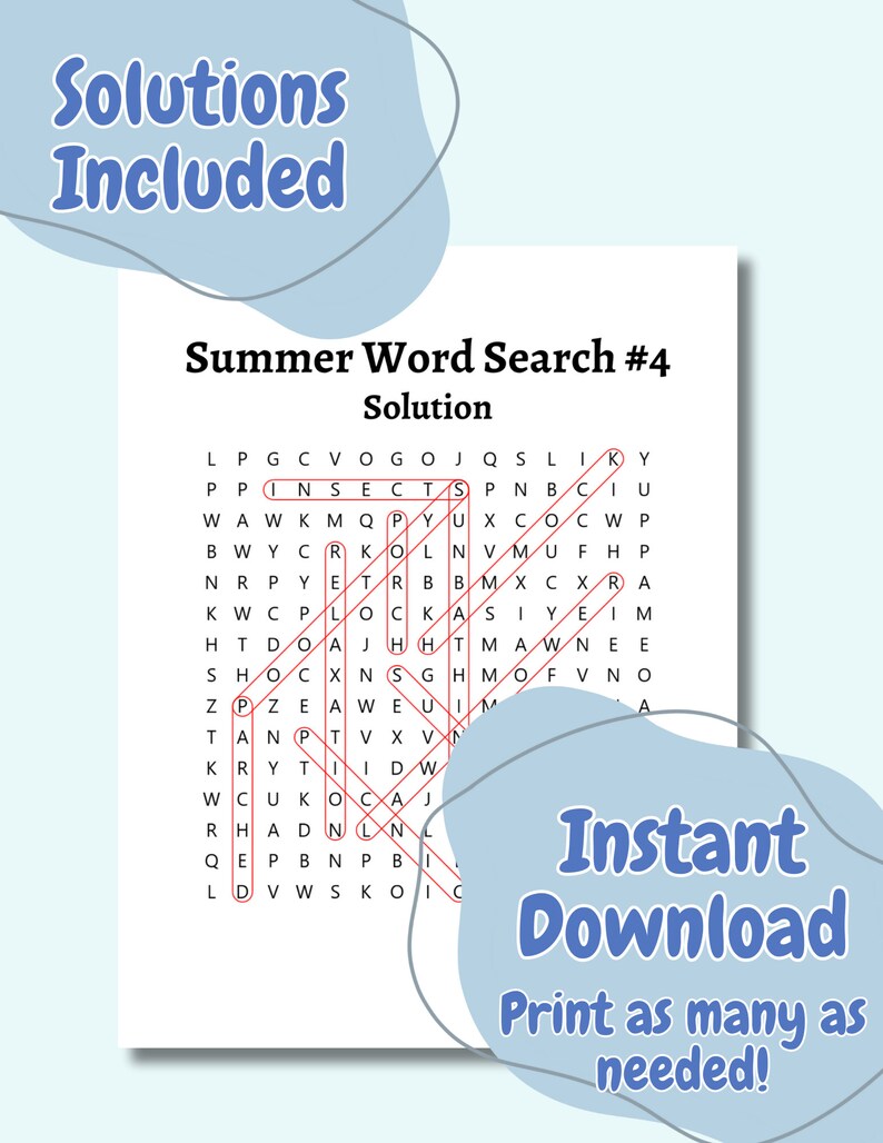 50 Summer Word Search Printable Book, Word Find, PDF Download, Activity ...