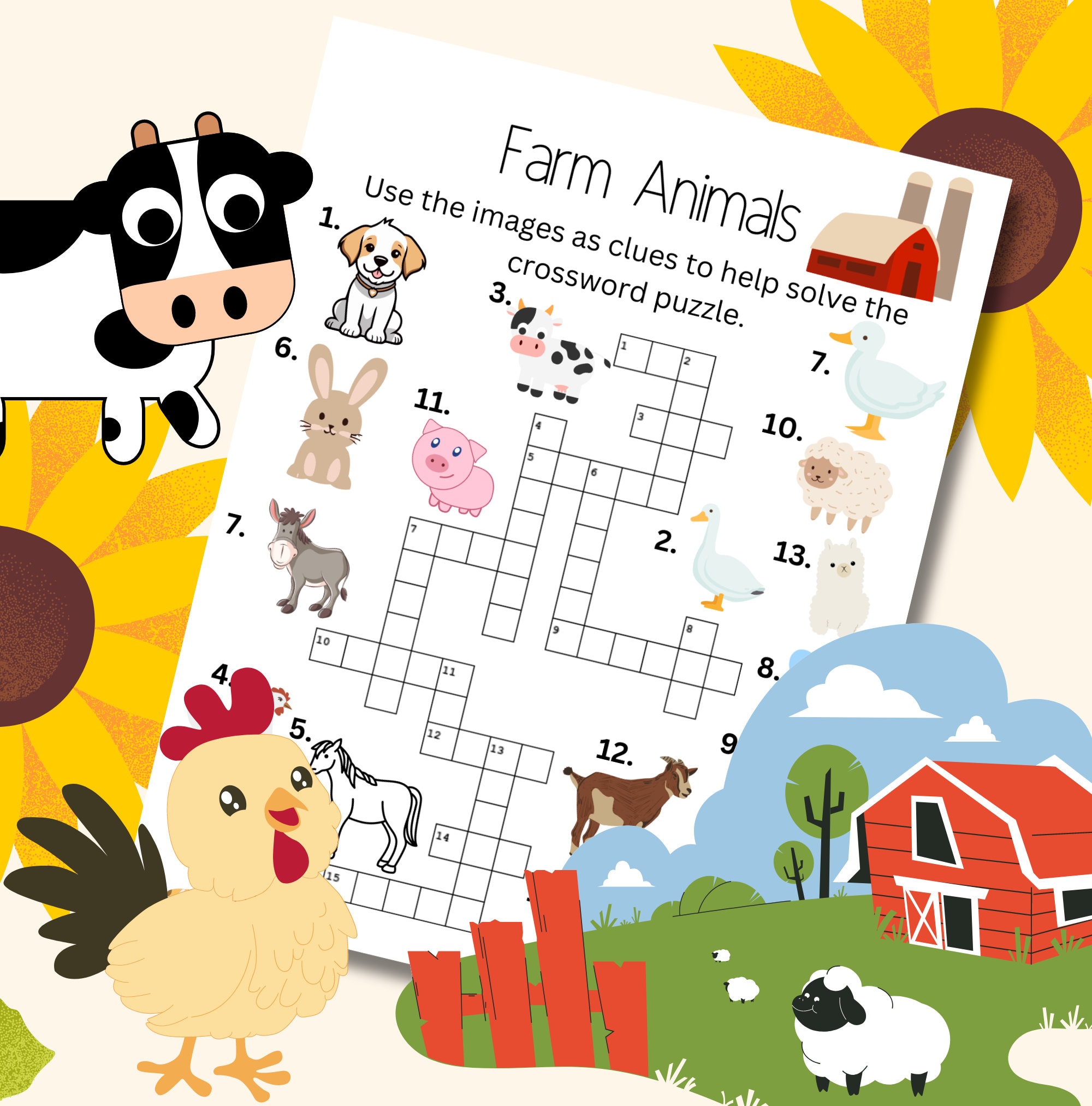 Farm Animal Crossword Puzzle Activity for Kids, Printable Learning Page ...