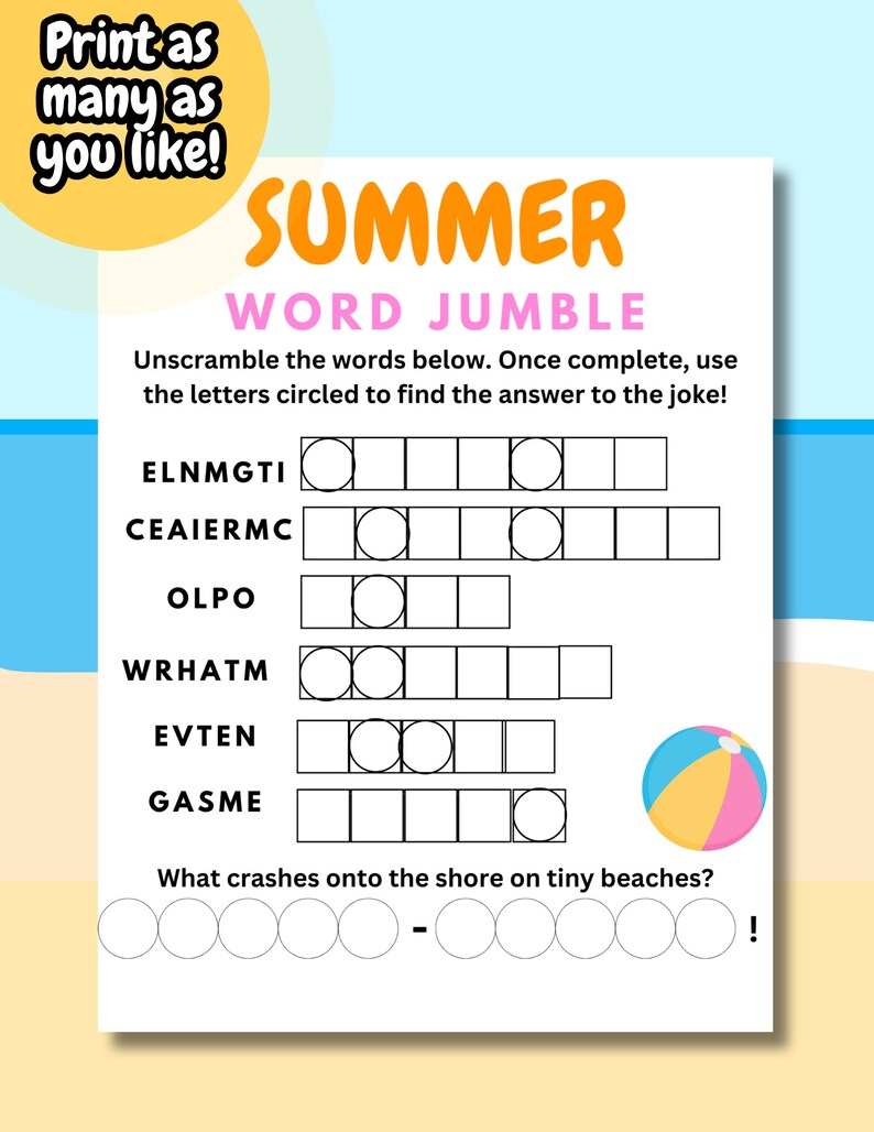Word Jumble Printable Puzzle Book, Summer Word Scramble Game, Book ...